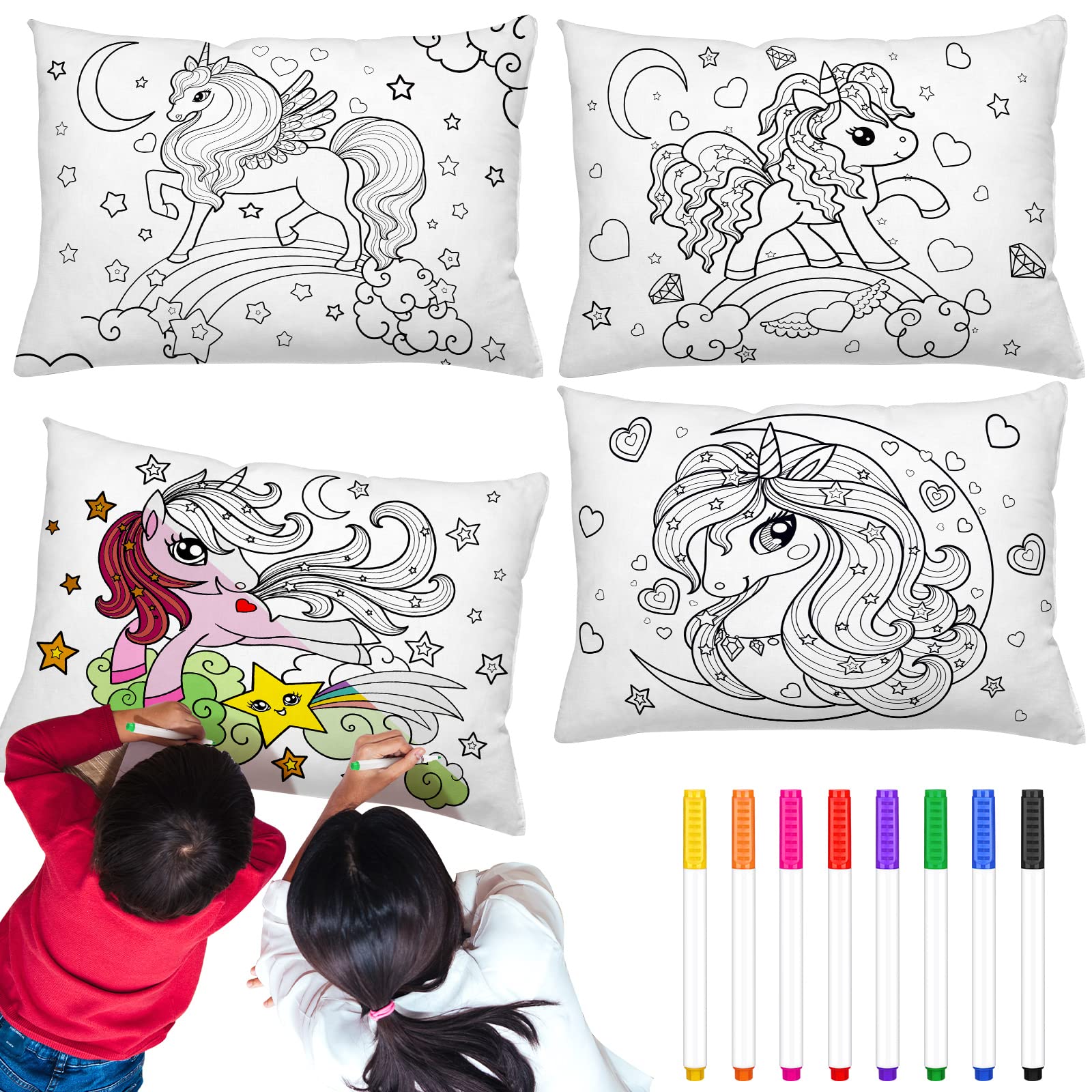 Kinlop 36 Pcs Unicorn Pillowcase for Kids Set Sleepover Party Game Coloring Pillow Case Unicorn Sleepover Party Supplies for Girls 4 Unicorn Pillow Case 32 Pcs Colorful Marker Washable, 20 x 27.56''