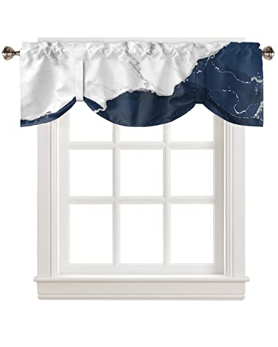 Funnywall88 Tie Up Curtain Valance for Living Room,Wild Marble Pattern Gold White Navy Ombre Valance for Kitchen Window Valance Adjustable Tie-up Valance 18 Inch Rod Pocket 1 Panel