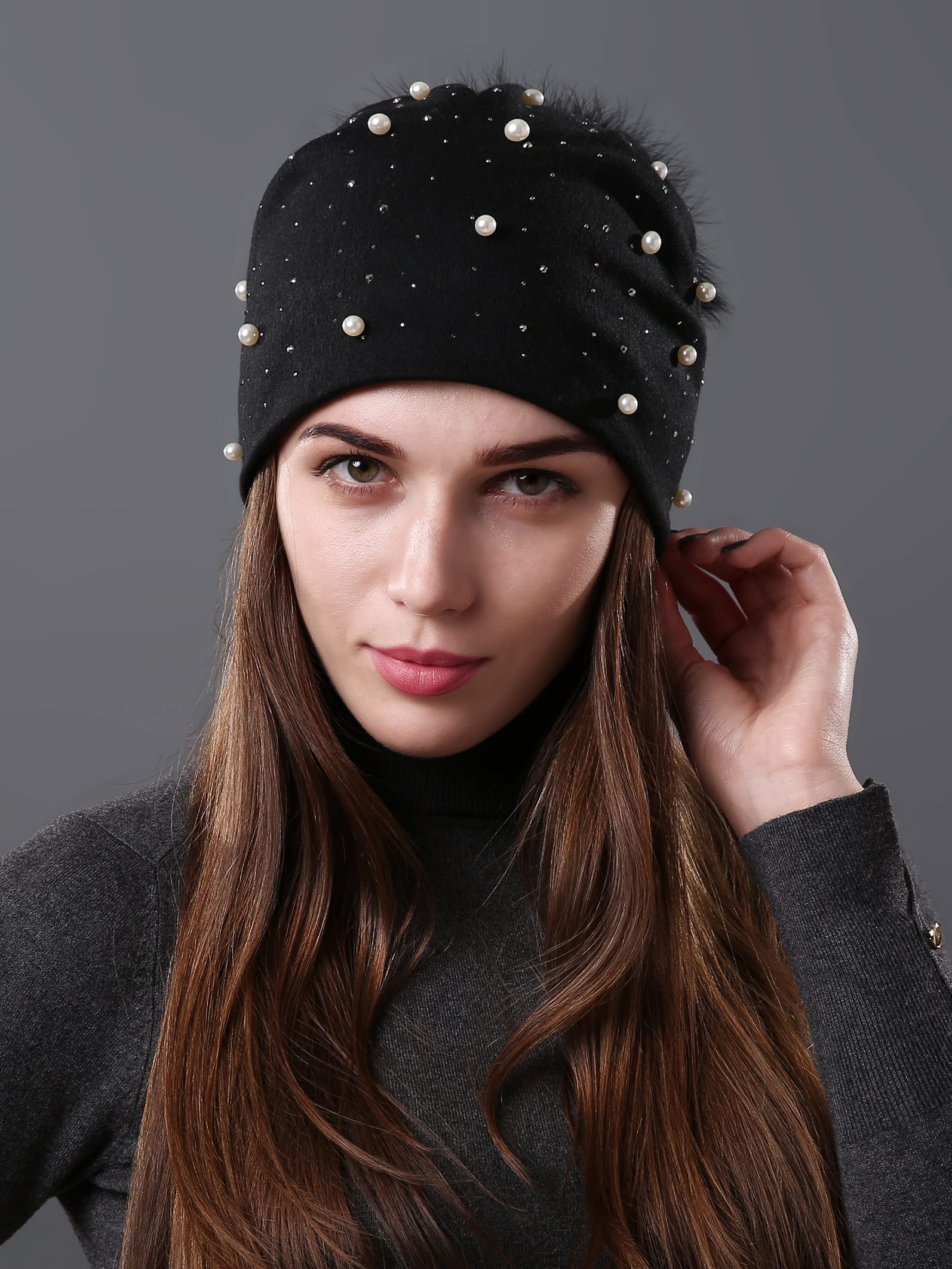 AICHUAN Womens Slouchy Beanie Hat with Real Raccoon Fur Ball Pompom Cotton Pearls Winter Fall Hat