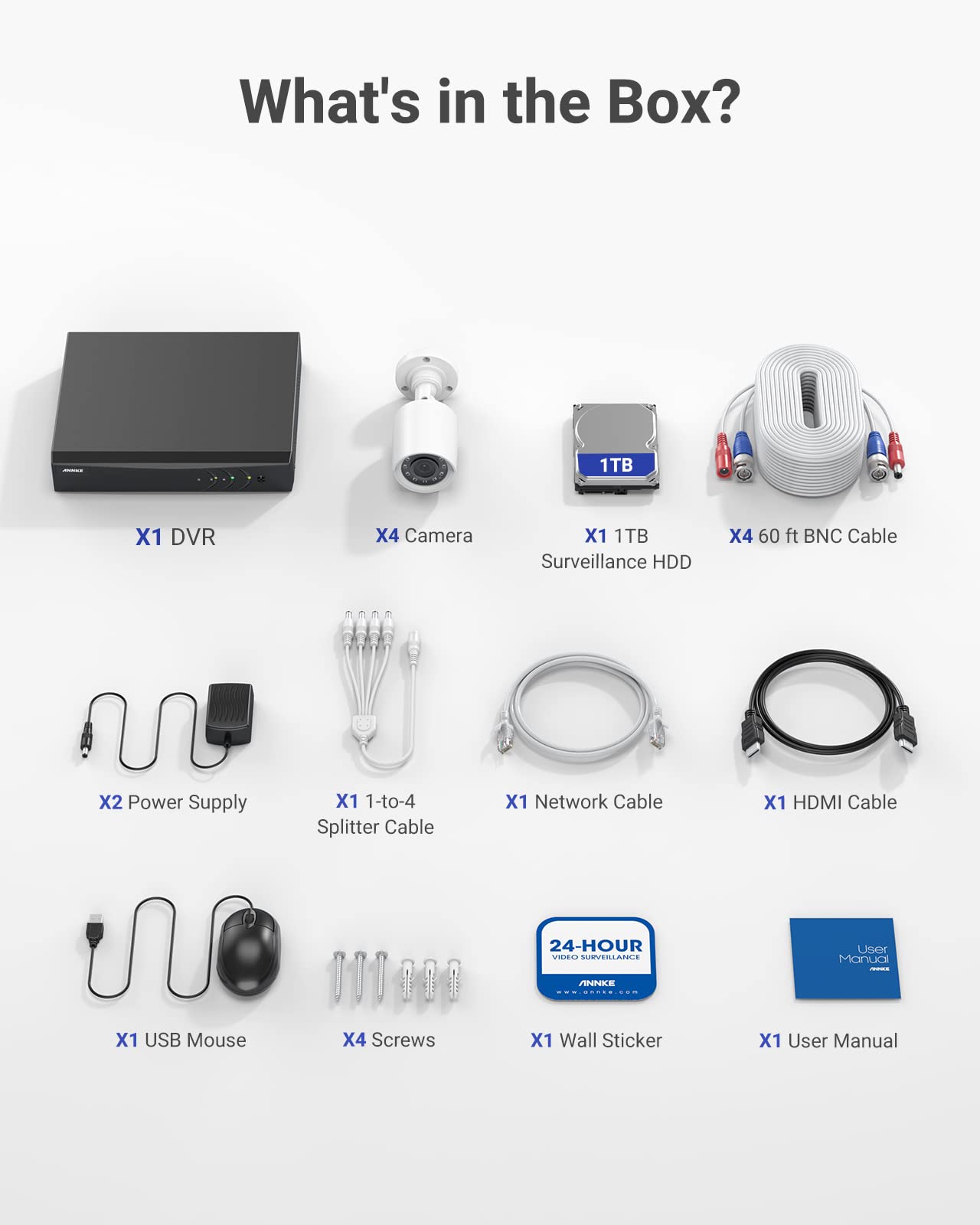 ANNKE Security Camera System, 3K Lite 5-in-1 H.265+ 8CH DVR with 1TB Hard Drive and (4) 1080p (2MP) Weatherproof Surveillance Wired Cams, AI Human/Vehicle Detection, 100ft Night Vision, Email Alert