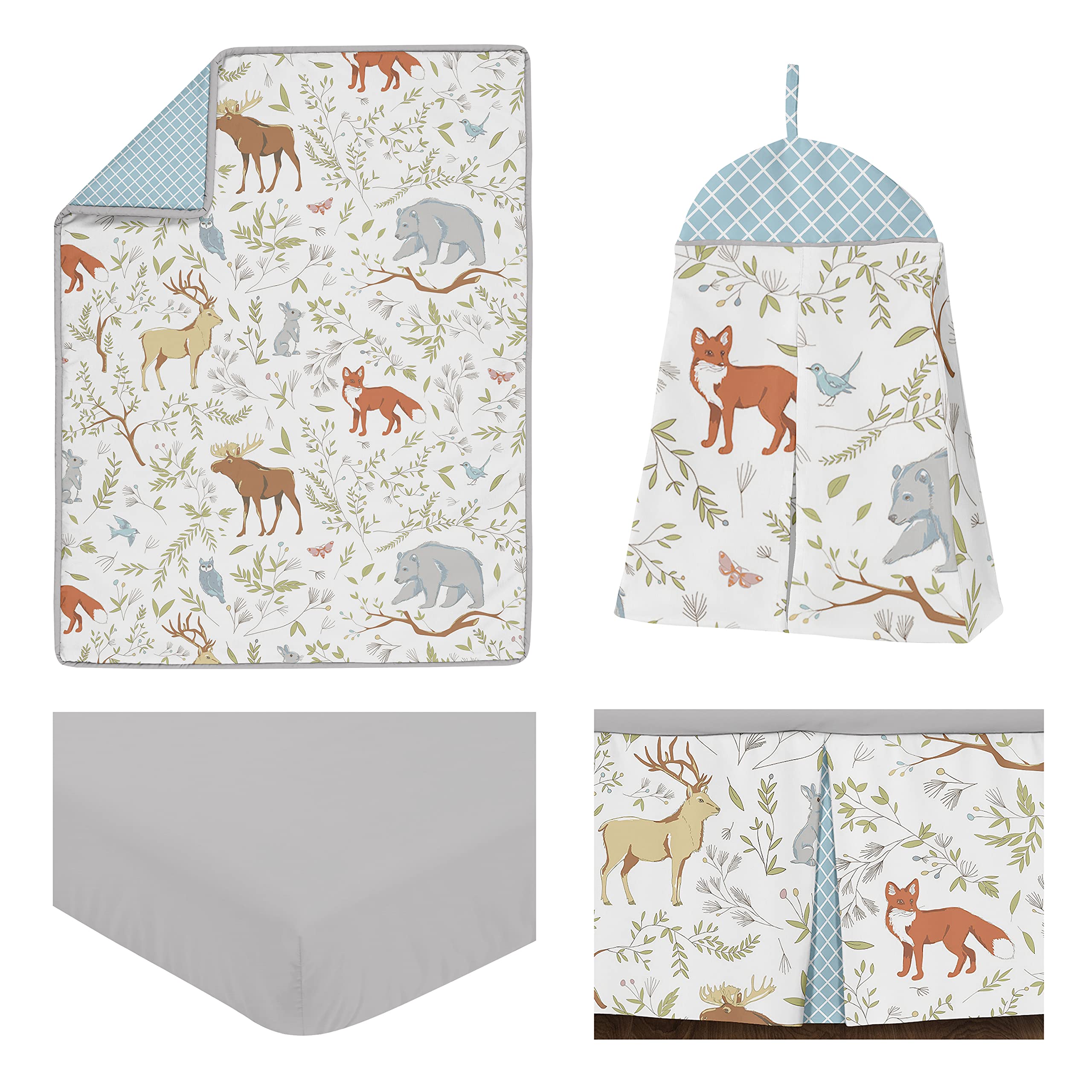 Sweet Jojo Designs Blue, Grey and White Woodland Deer Fox Bear Animal Toile Girl or Boy Baby Bedding 4 Piece Crib Set