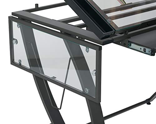 SD STUDIO DESIGNS Futura Luxe Drawing, Drafting, Craft Table with Drawer, 35" Wide Angle Adjustable Top and Side Shelf, Pewter Grey/Clear Glass