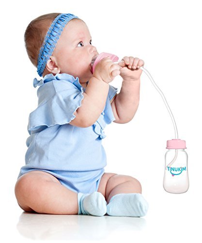 Tinukim iFeed 4 Ounce Self Feeding Baby Bottle with Tube - Handless Anti-Colic Nursing System, Pink - 2-Pack