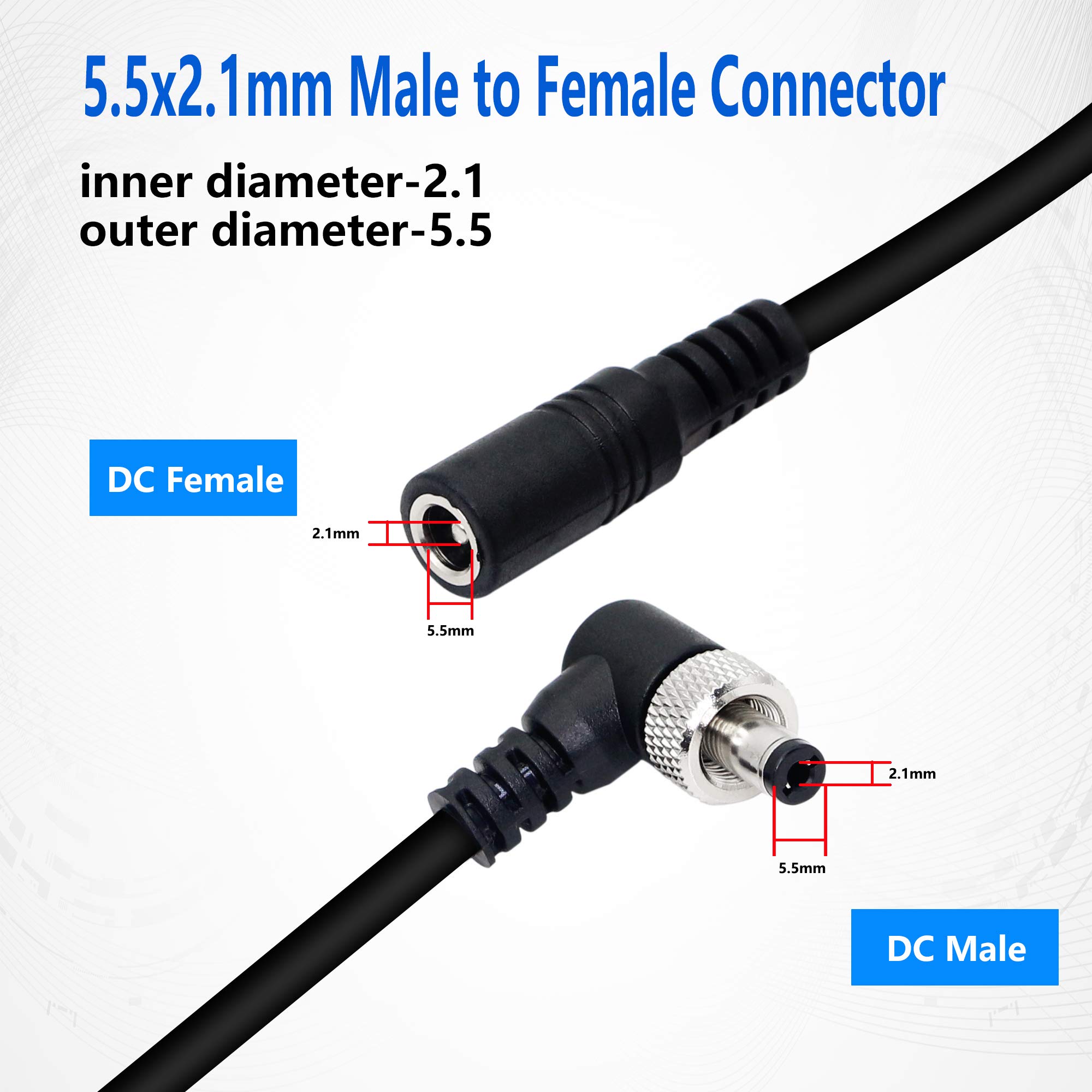 SinLoon 2 Pack DC Extension Cable 90 Degree DC Power Adapter Plug 5.5mm x 2.1mm Male to Female Extension Wire with Lock Nut for DC 12V Power Adapter, CCTV Security Camera (0.5M/1.65FT)