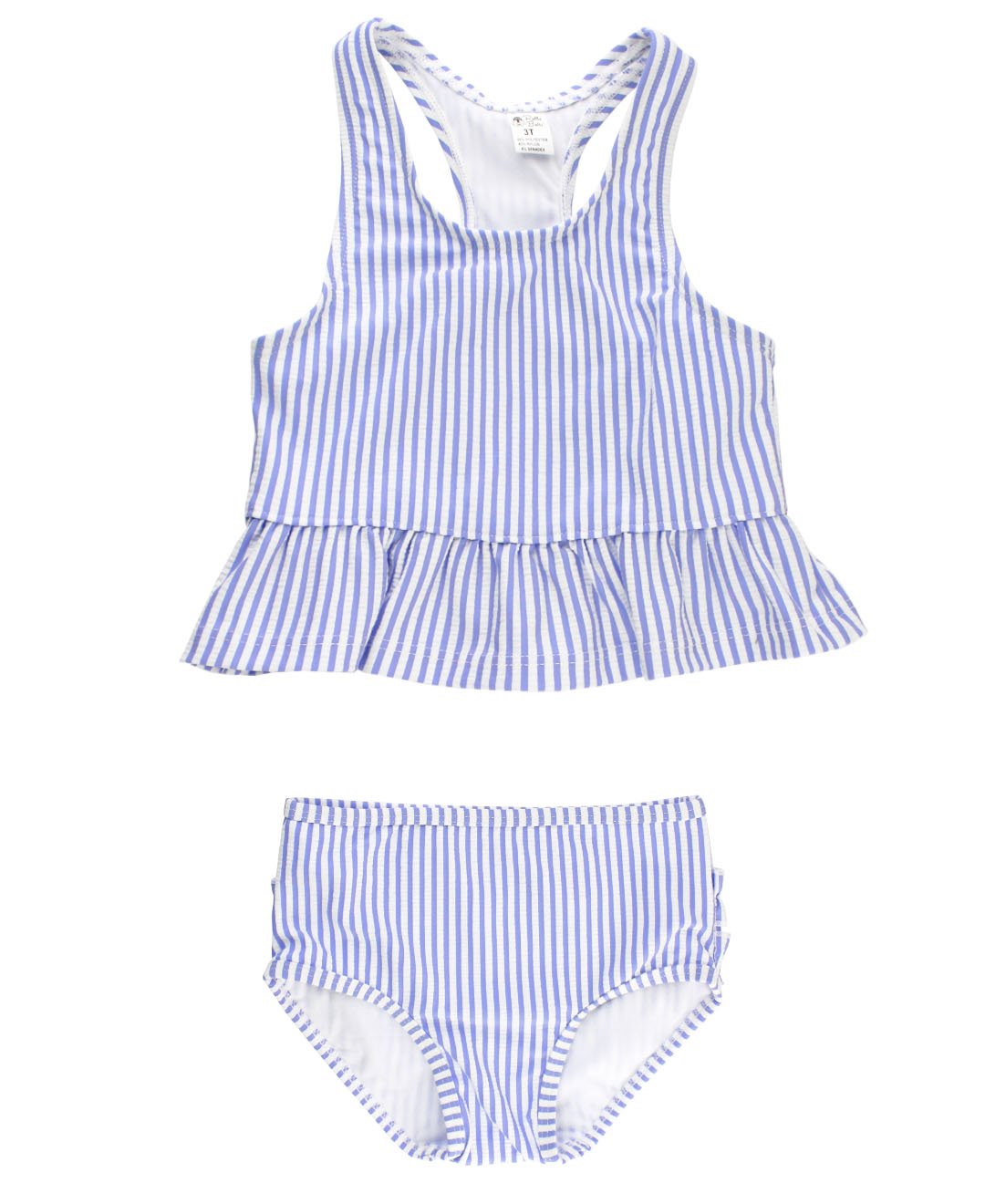 RuffleButtsÂŽ Baby/Toddler Girls Periwinkle Blue Seersucker Peplum Tankini w/Ruffled Bottoms - 3-6m