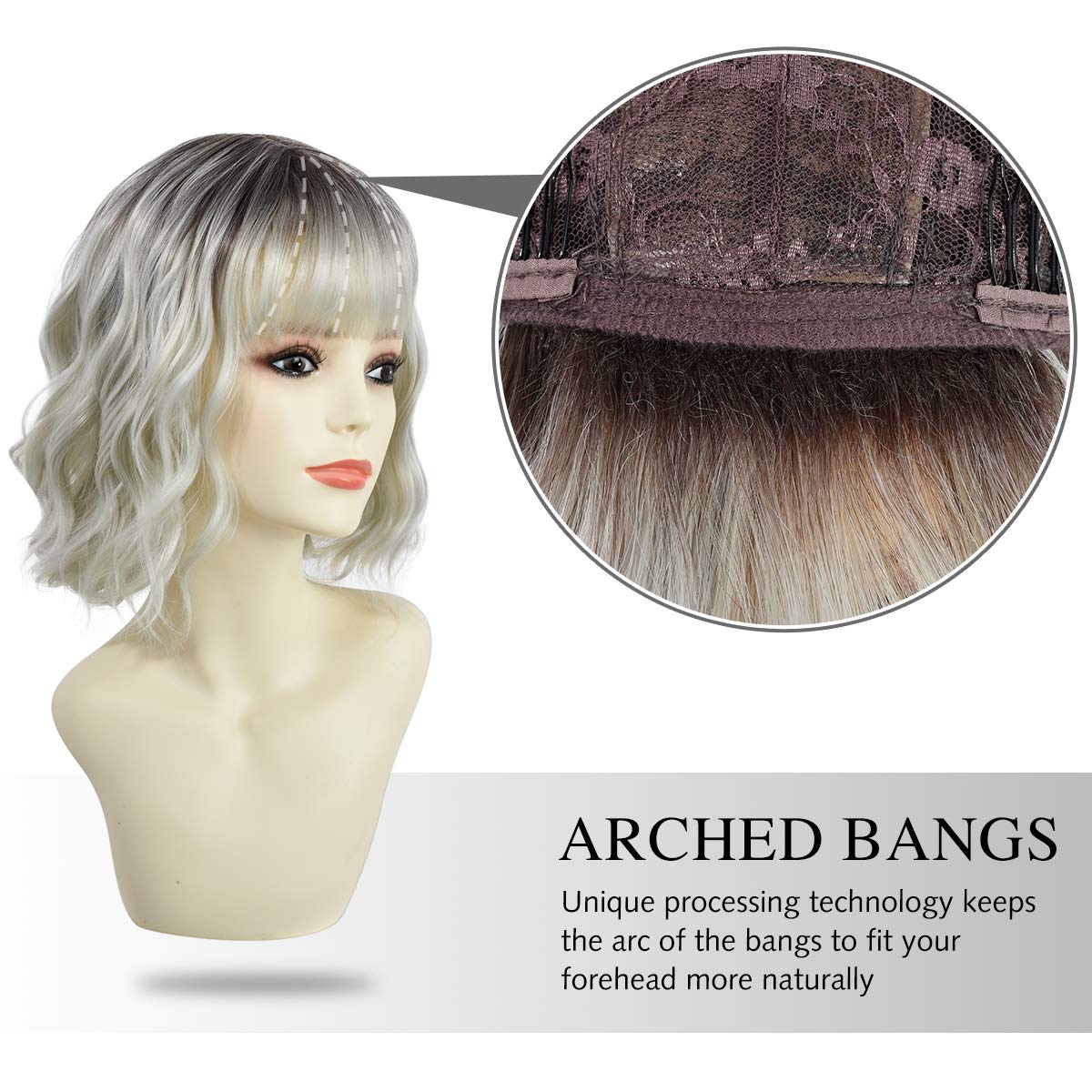 Rose bud Wavy Bob Wig with Bangs Natural Ombre Silver Wig Synthetic Hair Shoulder Length Short Curly Wigs for Women