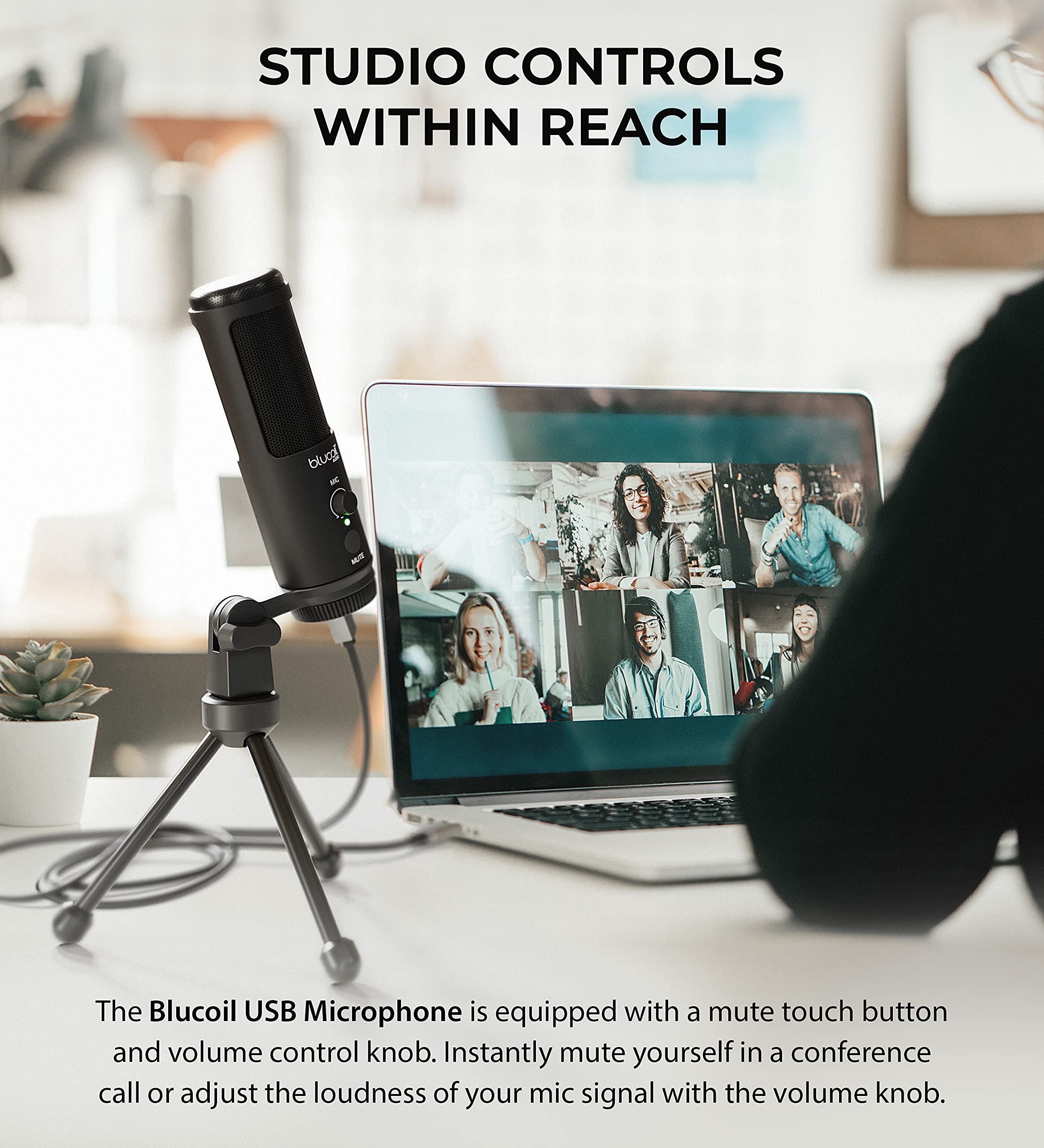 Blucoil USB Cardioid Condenser Microphone with 3.5mm Headphone Jack, Volume Control, Mute Button, and Tripod - Compatible with Mac, Windows, Linux, Chrome, Zoom, Google Meet, Microsoft Teams, and more