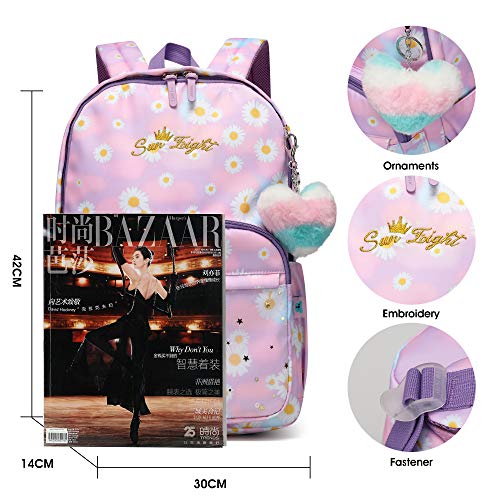 Caran·Y Girls Backpack for Kid in Waterproof Elementary Large space Love decoration Starry Pattern School Bookbag Boys Girls Fit Over 6 Years Old Girls Book Bag(Purple)