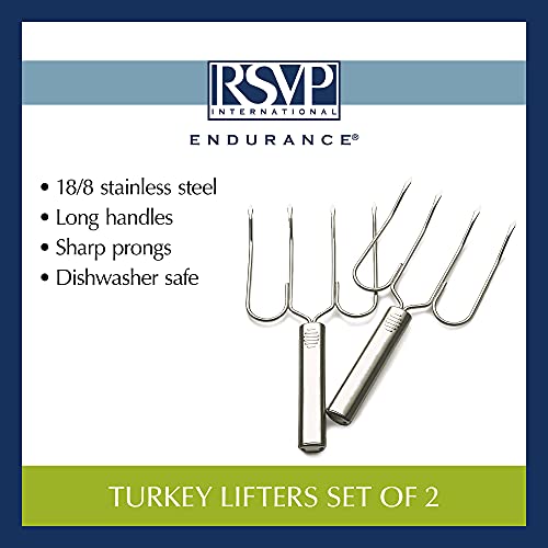 RSVP International EnduranceĀ® Stainless Steel Turkey & Roast Lifters, Set of 2 | Transfer Turkey or Ham Easily | Long Handles for Strong Grip | Dishwasher Safe | Great for Thanksgiving