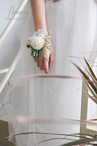 Floroom Ivory Rose Wrist Corsage Wristlet Band Bracelet and Men Boutonniere Set for White Wedding Flower Accessories Prom Suit Decorations
