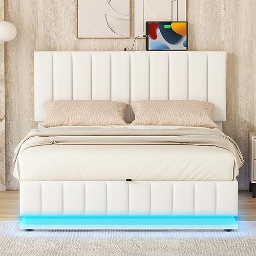 CKLMMC Modern Upholstered Platform Bed with Hydraulic Storage System,Full Size PU Storage Bed with LED Lights and USB Charger for Kids Teens Adults (White/PU-K)