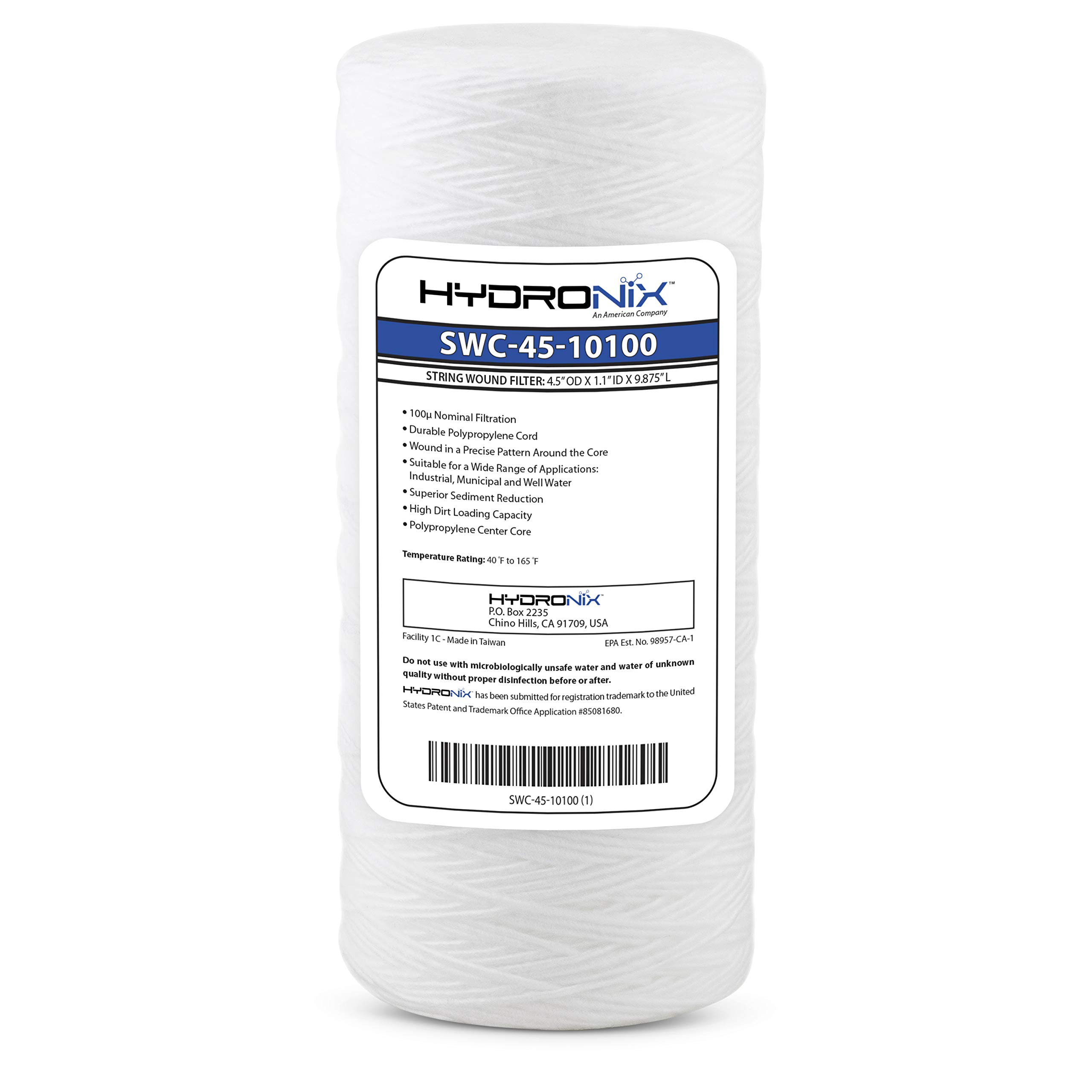 Hydronix SWC-45-10100 Universal Whole House Sediment String Wound Water Filter Cartridge 4.5" x 10" - 100 Micron