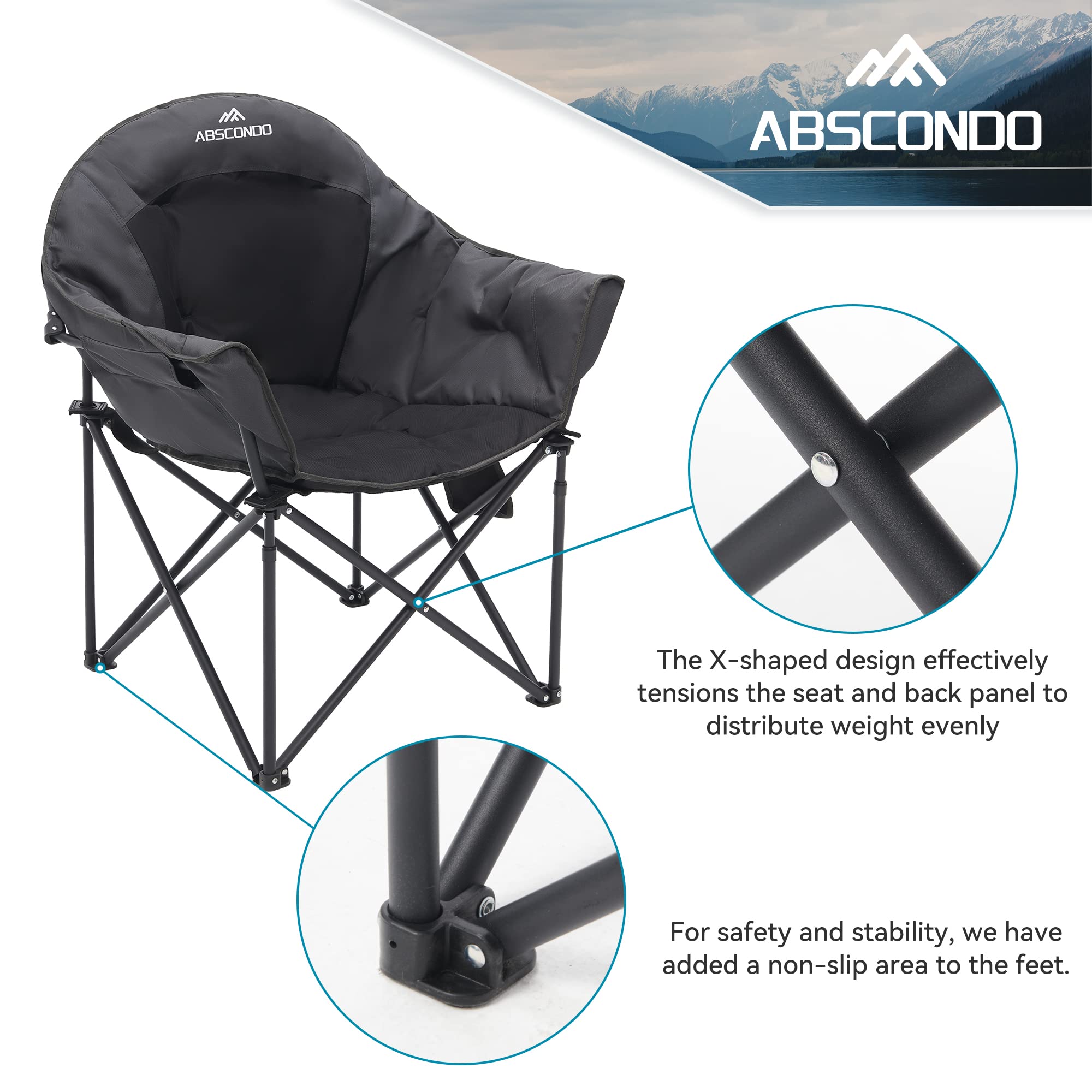 ABSCONDO Heated Camping Chair, Camping Chairs for Heavy People, Oversized Outdoor Folding Moon Chairs with Extra Wide Seats, Lawn Chairs Folding Supports up to 300lbs, Black