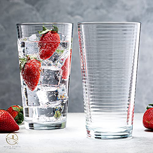 Le'raze Set of 16 Heavy Base Ribbed Durable Drinking Glasses Includes 8 Cooler Glasses (17oz) and 8 Rocks Glasses (13oz) - Clear Glass Cups - Elegant Glassware Set. Cordial Glasses