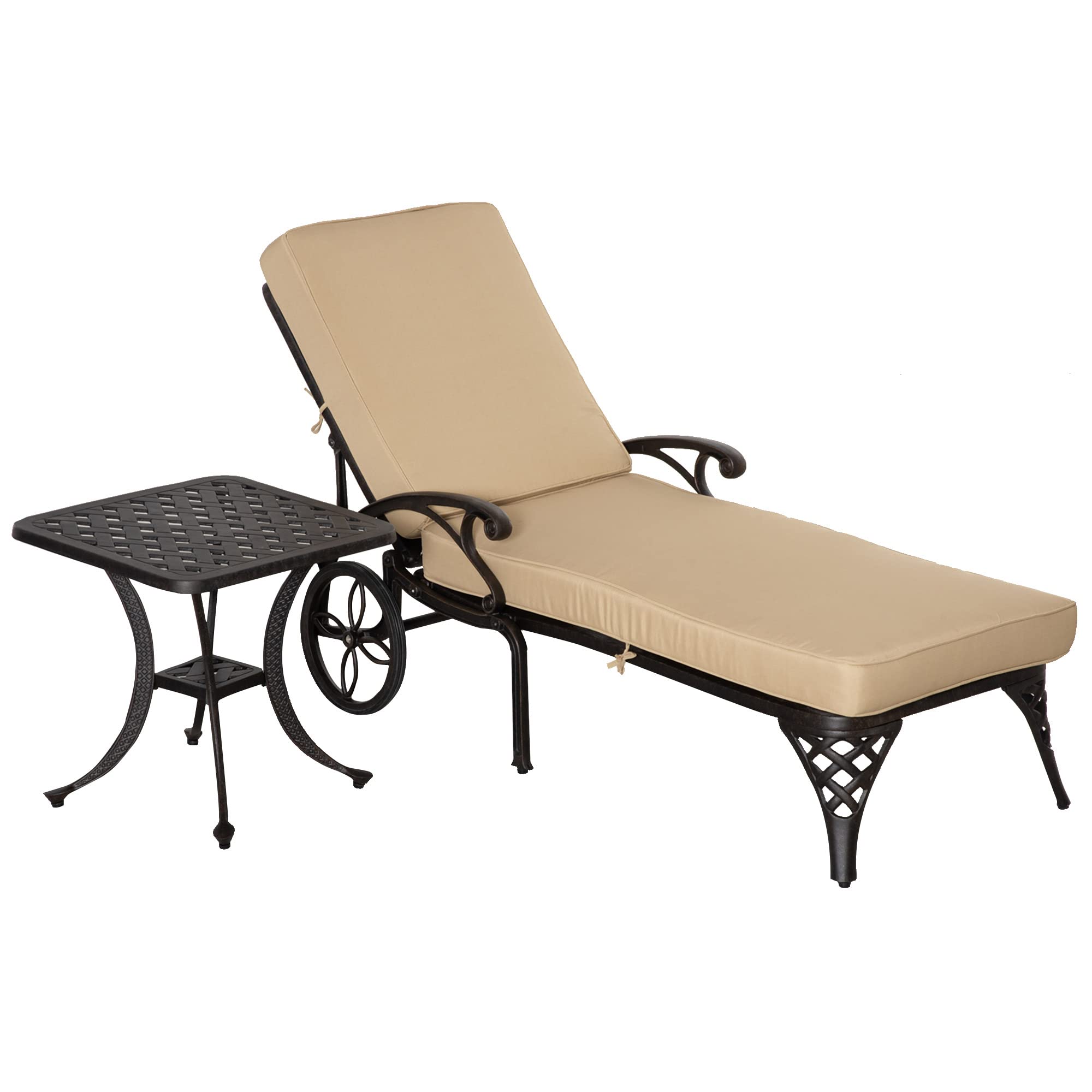 Outsunny Aluminum Adjustable Chaise Lounge Chair, Folding 4-Position Patio Recliner, Wheels, Armrests, Side Table, Cushion for Poolside, Backyard, Deck, Porch Garden, Beige
