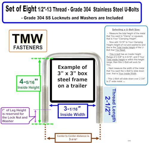 TMW - (8) 304 Stainless Steel Square U-Bolts 1/2" Diameter x 3-1/16" Inside Width x 4-5/16" Inside Height with 304 SS Lock Nuts and Washers for Boat and Utility Trailers Made in The U.S.A.
