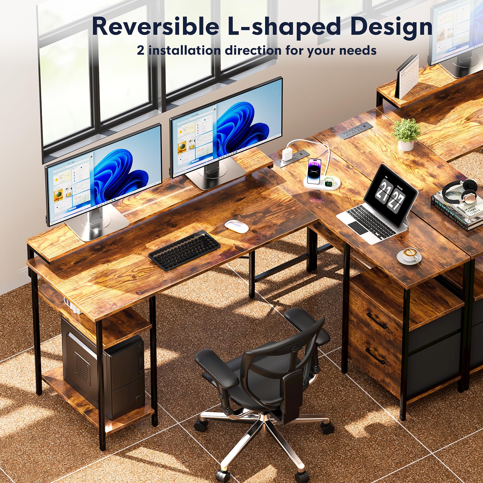 BINCUE L-Shaped Home Office Desk with 2 Drawer Office Computer Desk with Monitor Stand Power Outlets and LED Lights Reversible Corner Gaming Desk 61 Inch Rustic Brown