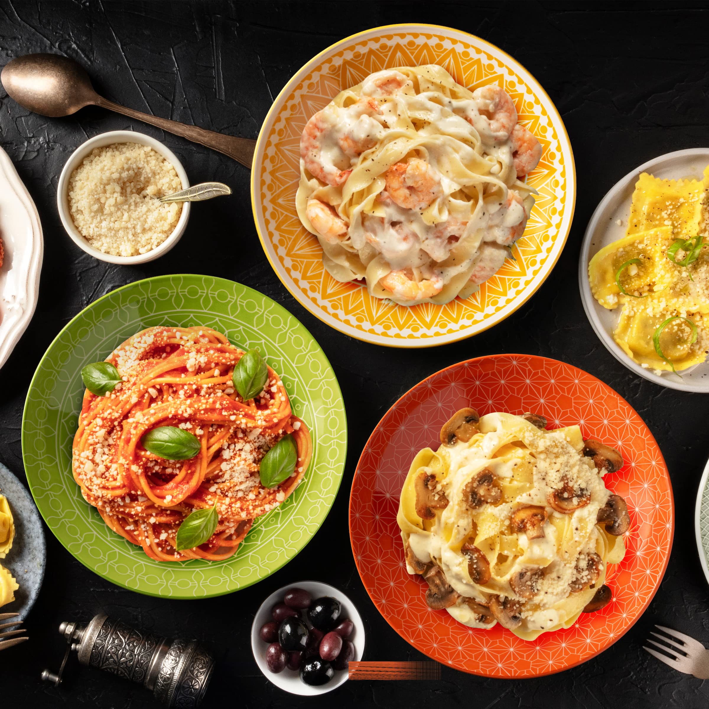 Annovero Bundle - Dessert Plates, Pasta Bowls. Cute and Colorful Stoneware Dishes for Kitchen, Microwave and Oven Safe. Bundle