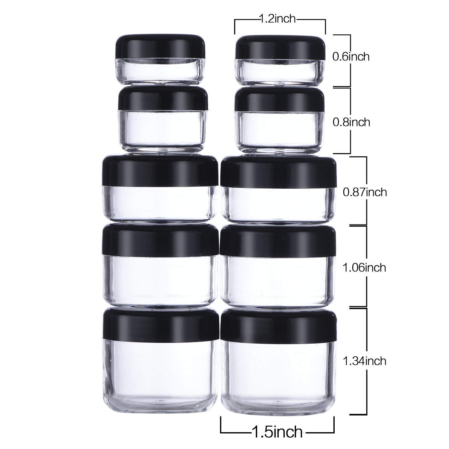Onwon 10 Pieces Empty Clear Plastic Makeup Sample Containers with 2 Pieces Mini Spatula 3/5 / 10/15 / 20 Gram Size Cosmetic Pot Jars with Screw Cap Lids