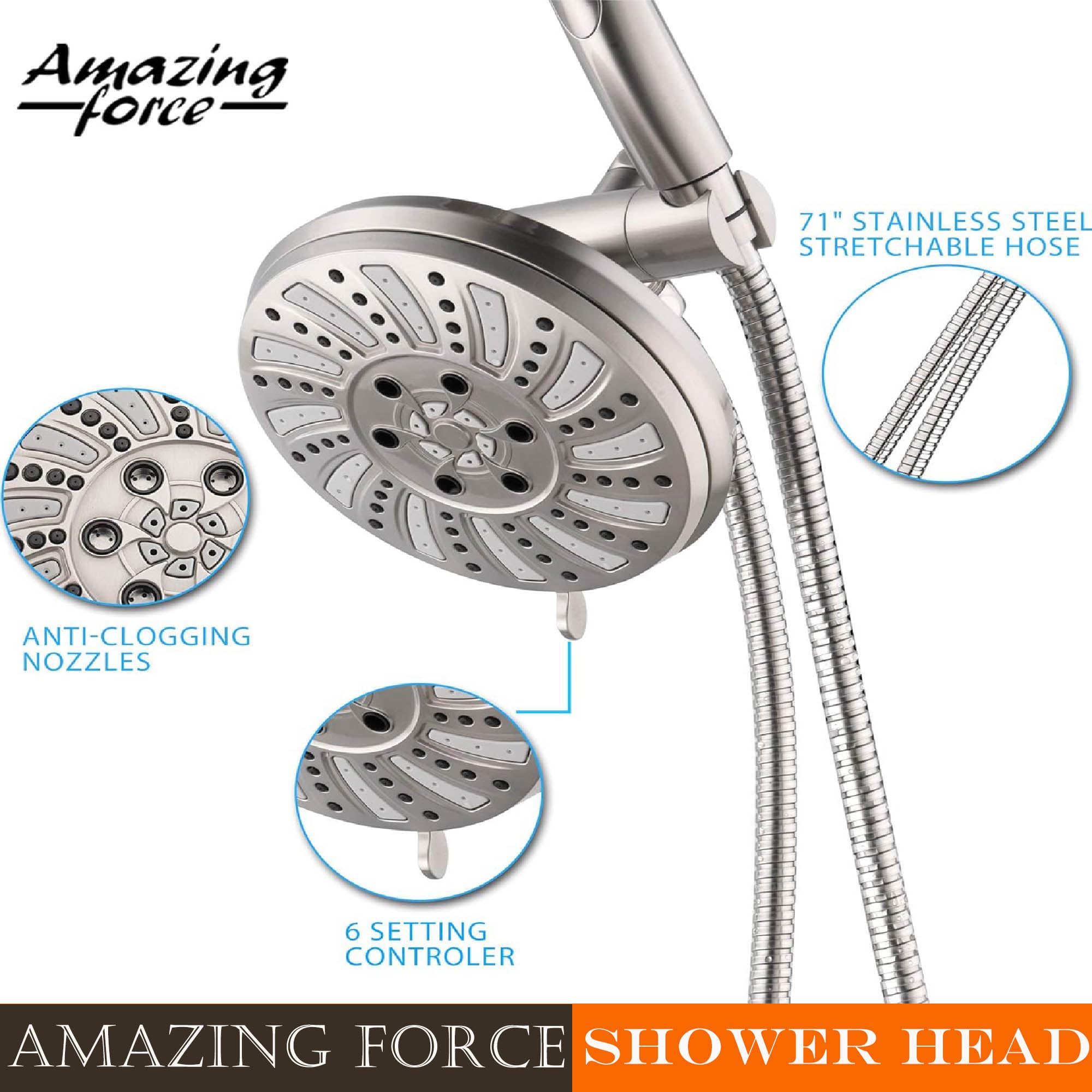 AMAZING FORCE Shower Head,6 Spray Mode Handheld High Pressure Showerhead,4.3 inch