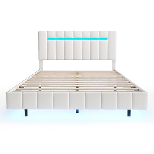 Classic Queen Size Floating Bed with LED Lights and USB Charging, Modern Upholstered Platform LED Bed Frame with Headboard for Kids Teens Adults, Velcro Slats Design (White-kk147)
