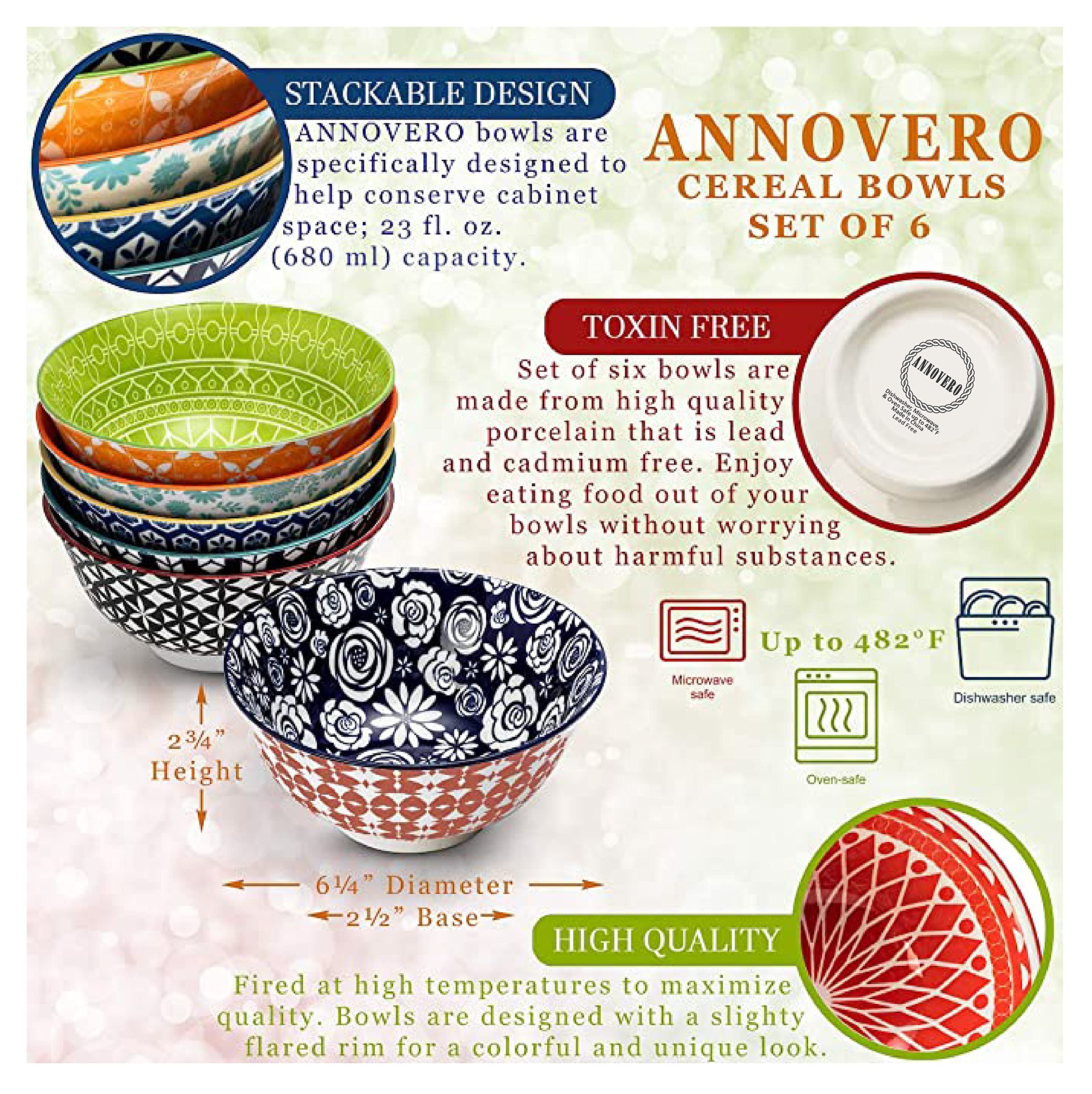 Annovero Cereal Bowls, Dessert Bowls, Pasta Bowls. Cute and Colorful Porcelain Dishes for Kitchen, Microwave and Oven Safe. Bundle