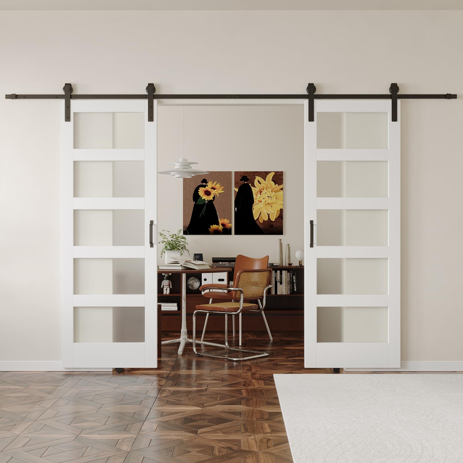 ARKHJEM Double 30''x84'' Frosted Glass Barn Door x 2, DIY Interior Barn Doors for Home 5 Lattices of Clear Glass Easy Installation for Living Room(No Hardware Include)
