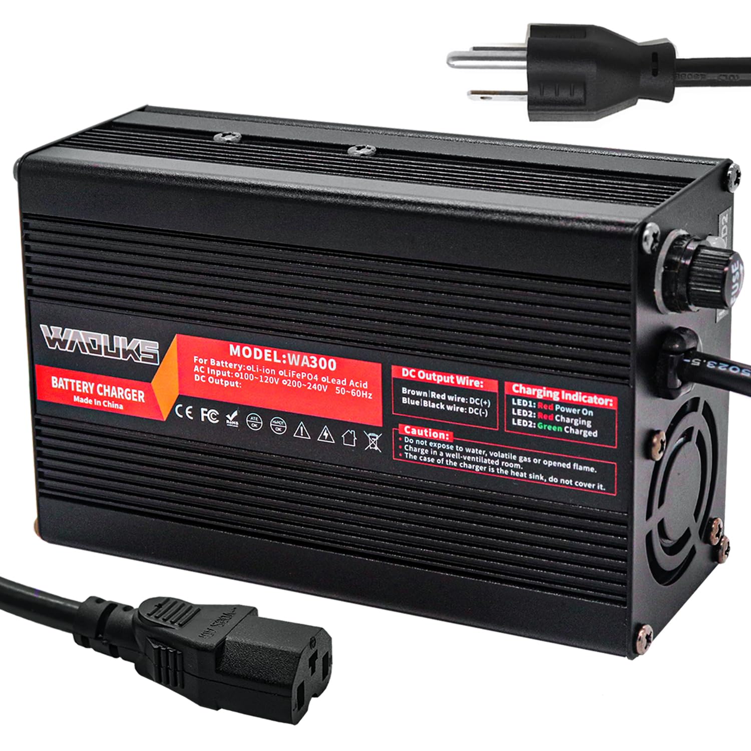 WAOUKS 84V 3A Charger 84V Li-ion Battery Charger DC C13 Connector Used for 20S 72V 74V Lithium Battery Battery Black Aluminum Case with Cooling Fan