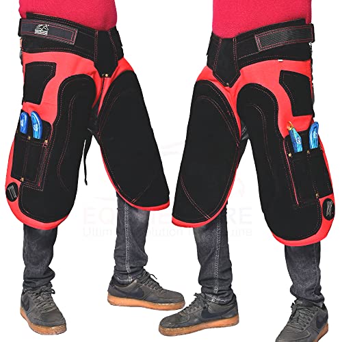 Equine Care Farrier Chaps Back Support - Cowhide Suede Leather and Canvas Apron, 4 Knife Pocket, 2 Nail Magnets, Adjustable Velcro Buckle - 29 inches/75cm