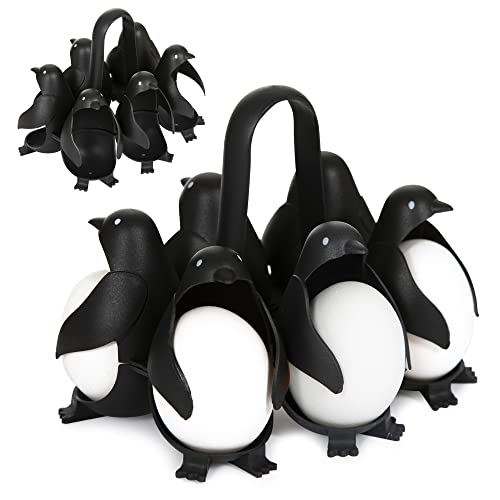 Egg Holder Hard Boiled Egg Cooker - Penguin Shaped Boiled Eggs Cooker - 3-In-1 Cook, Store And Serve Egg Holder Kitchen Gadget Home Decor - Egg Rack for 6 Soft or Hard Boiled Egg - Black