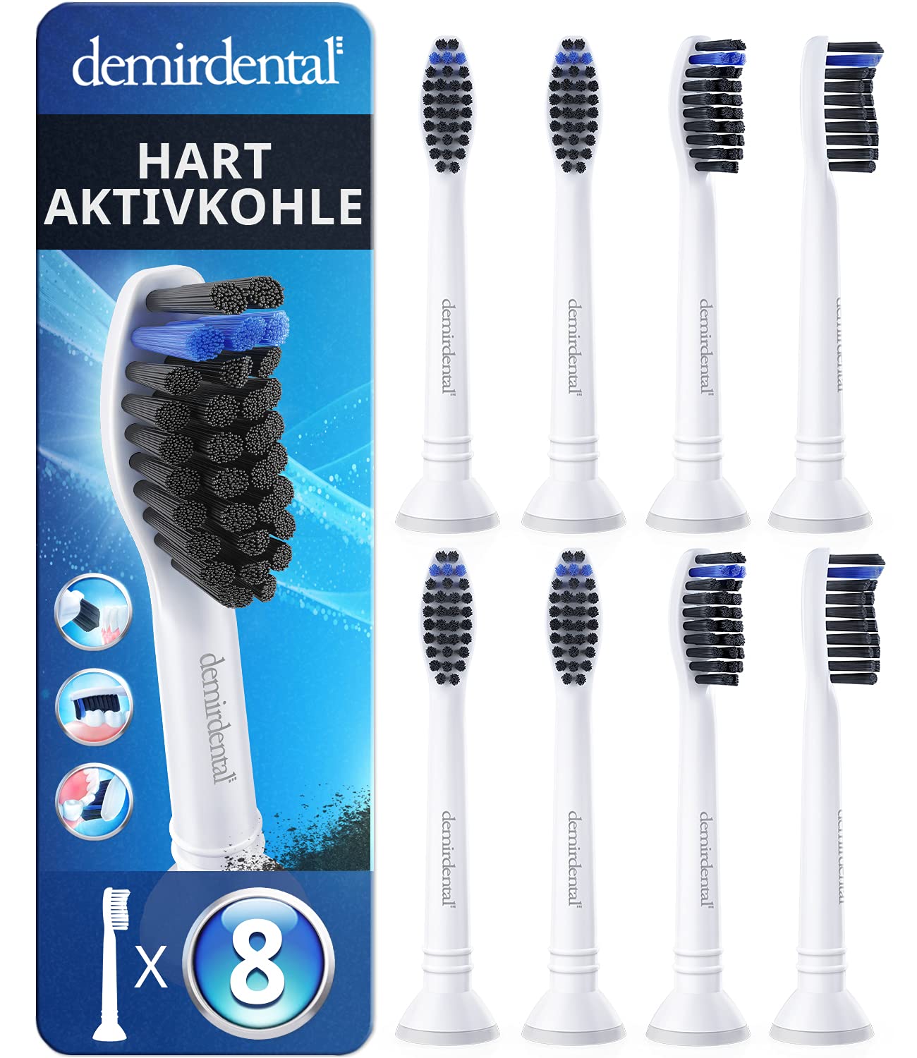 Toothbrush Heads Active Charcoal Hard Compatible with Philips Sonicare Toothbrush Heads - Replacement Heads for Natural Cleaning - Hard Brush Heads - White - HX9058-8 Pack
