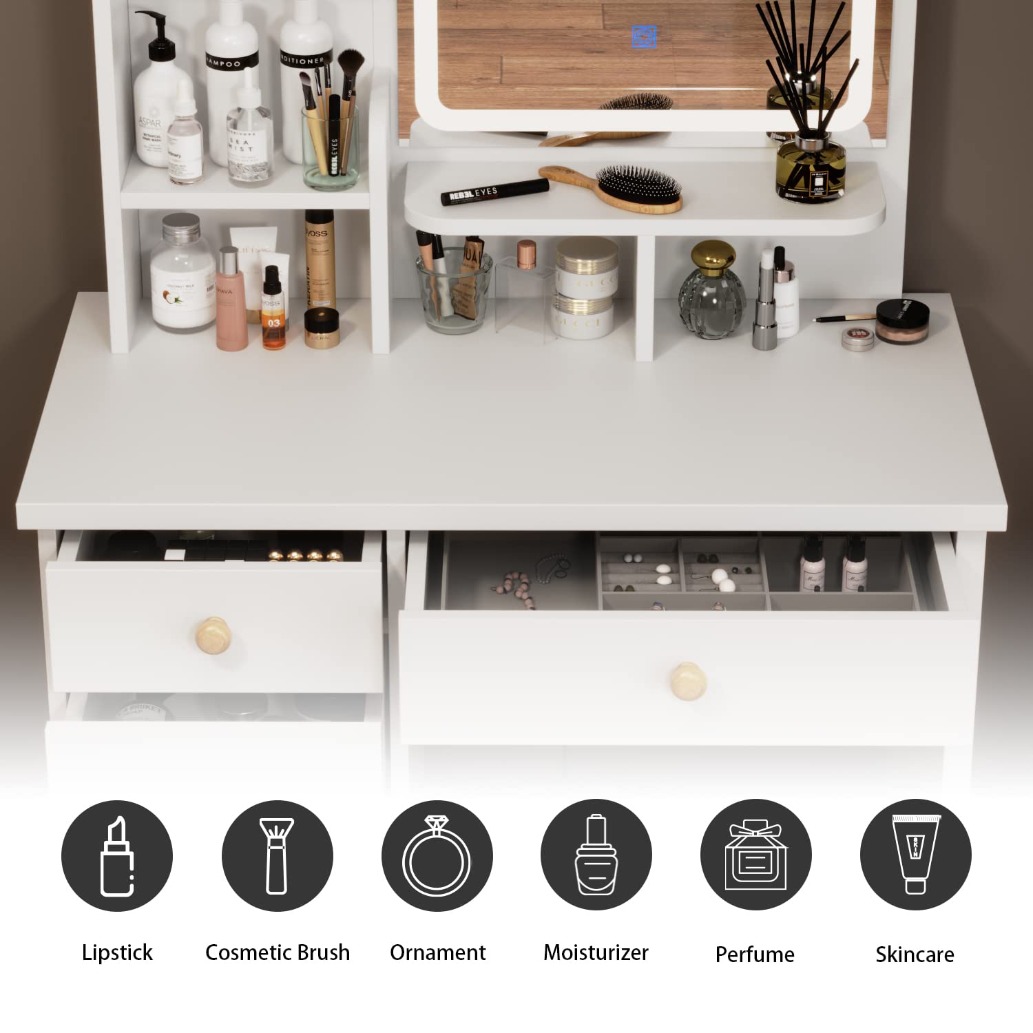 AIEGLE Vanity Desk Set with Lighted Rectangular Mirror, 3 Colors LED Lighted Makeup Vanity Drawer Dressing Table with Open Shelves & Cushioned Stool, Vanity Stool Set, White - Rectangular Mirror