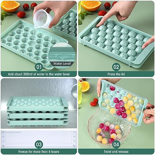 Ice Cube Tray, EMYIE Round Ice Trays for Freezer with Lid and Bin, Ice Ball Maker Making 99 x 1.0IN Ice Balls,3 pack Circle Ice Trays with Tong, Scoop, Measuring Cup&3 Straws (Green)