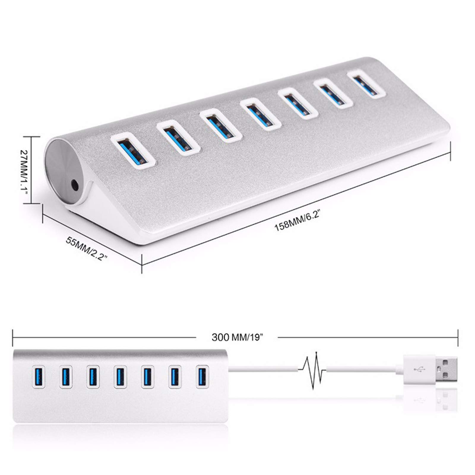 USB Hub, 7-Port Charging Interface Expansion, USB 3.0 High-Speed Data Transmission, for Desktop/Laptop Computers… (Silver)