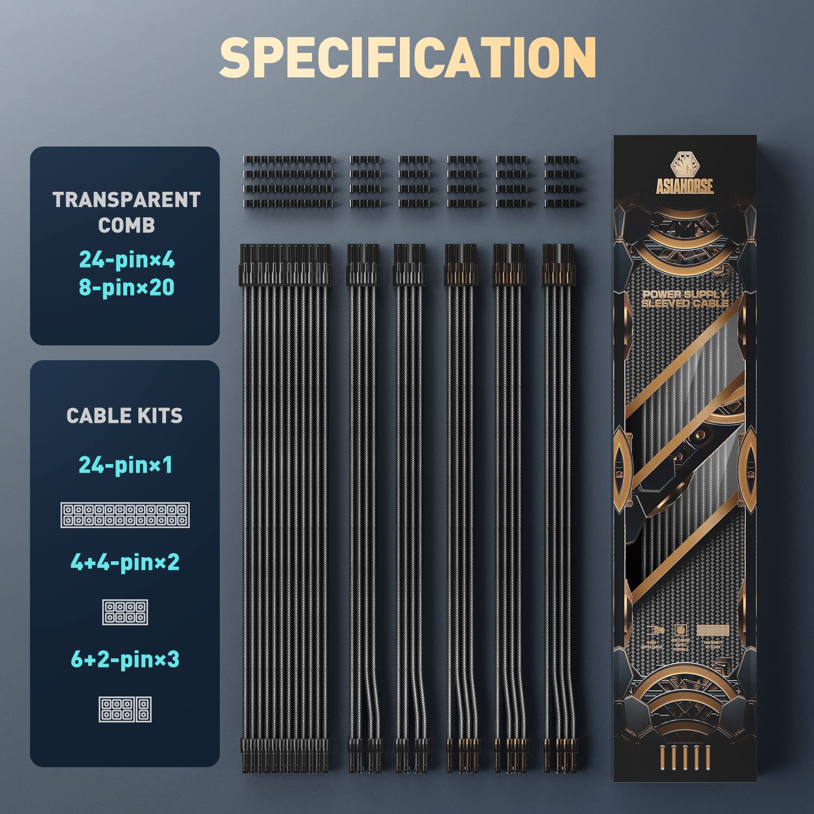 AsiaHorse PSU Cable Extension Kit, 24Pin/4+4 EPS/6+2 PCI-E 16AWG Power Supply Sleeved Cable Kit for Two-Way CPU Performance, 6kit Pro Clear Series