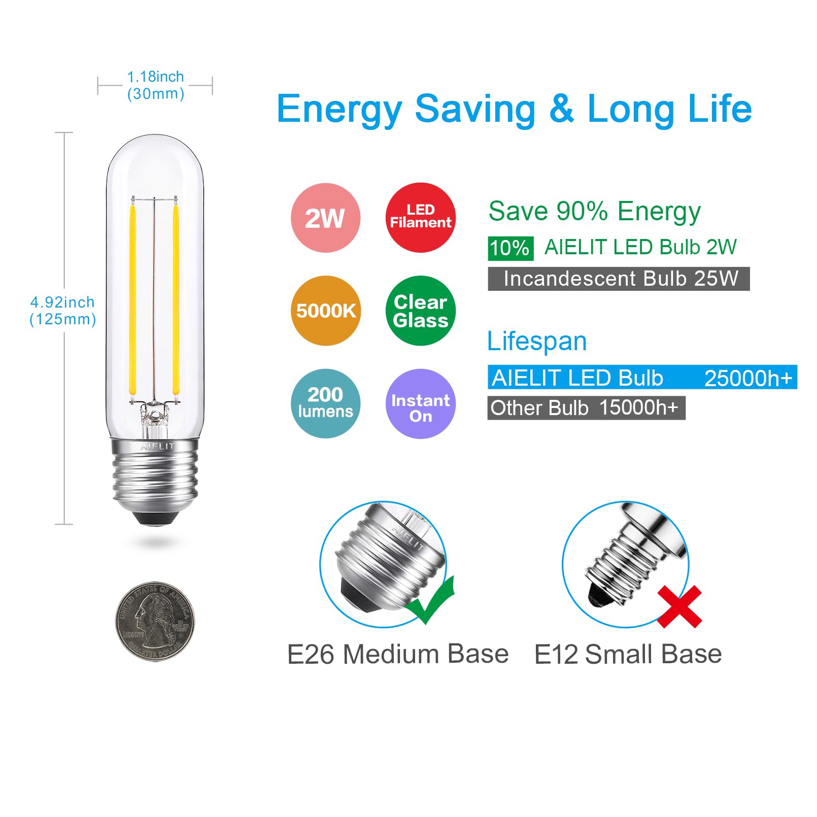 AIELIT E12 LED Bulb Daylight, 2W(25-Watt Equivalent), Bright White 5000K, B11 Dimmable LED Candelabra Bulbs for Hanging Lamp Pendant Chandelier Light Living Room, 3-Pack