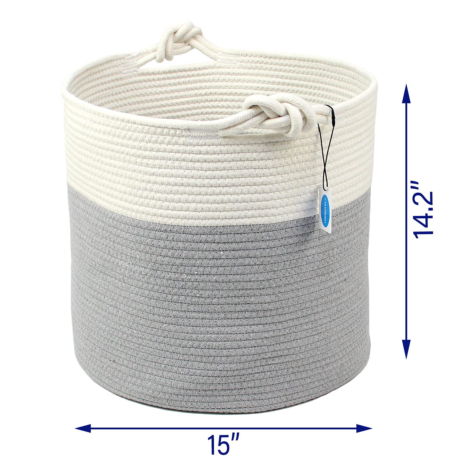 Casaphoria Woven Cotton Rope Basket with Handle for Bedroom,Round Storage Basket for Bathroom,Large Blanket Basket for Living Room,Tall Laundry Hamper Woven for Laundry,Light Gray