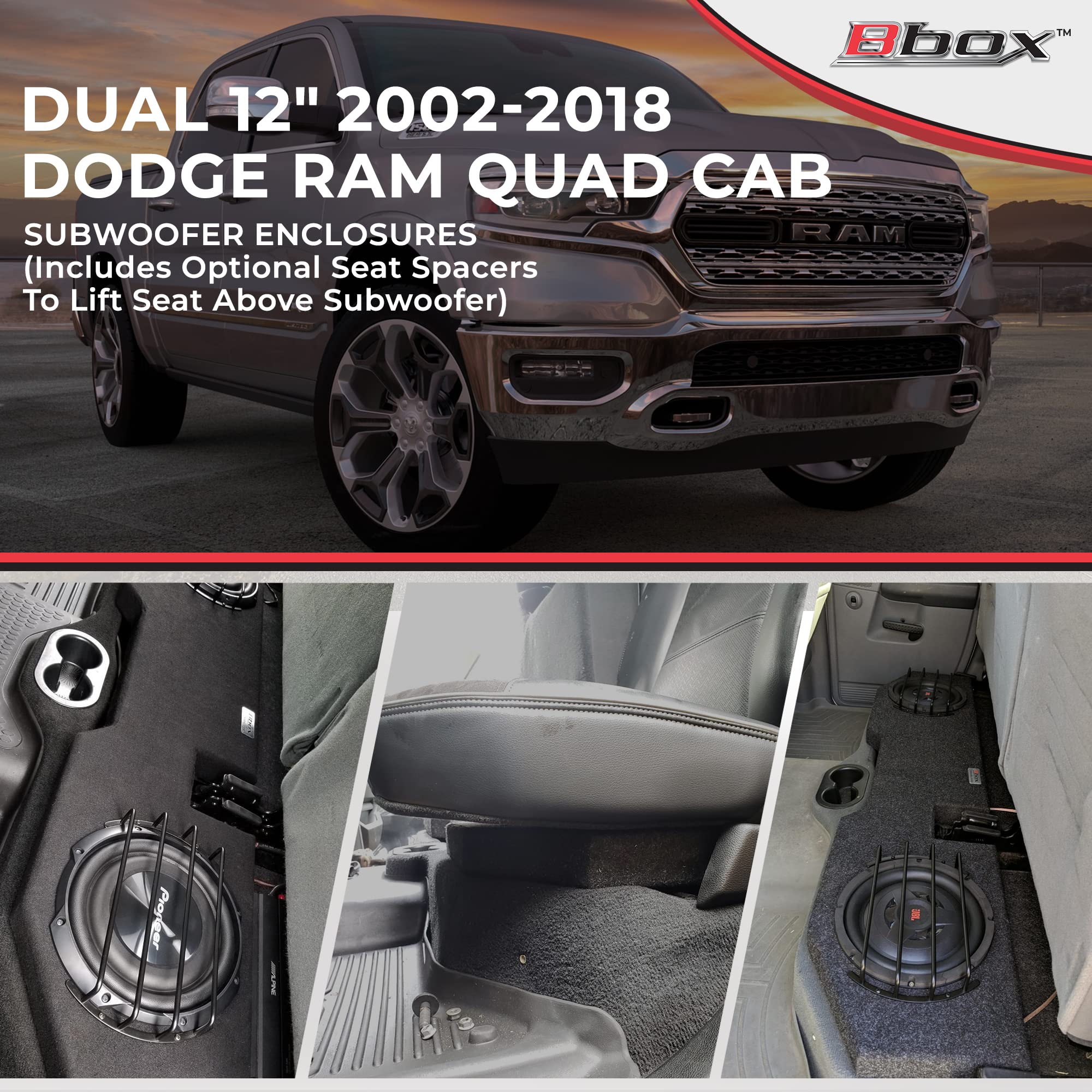 Bbox Dual 12 Inch Subwoofer Sealed Enclosure - Fits 2002 - 2018 Dodge Ram Quad Cab - Carpeted Car Subwoofer Boxes & Enclosures - Subwoofer Box Improves Audio Quality, Sound and Bass - Charcoal