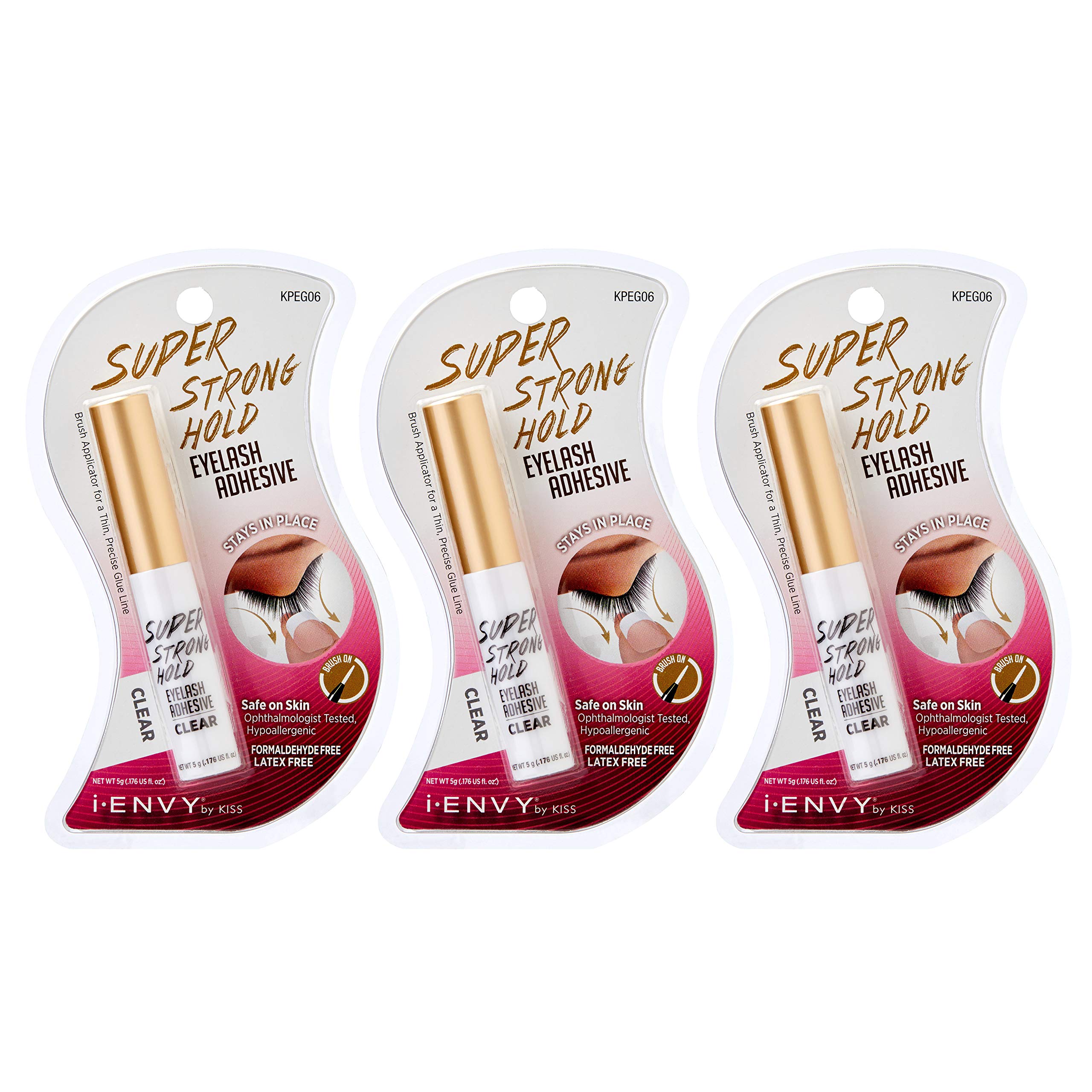 i-ENVY By KISS Super Strong Hold Eyelash Adhesive, Waterproof Long-Lasting Strip Lash Glue, Natural-Looking Allergy & Latex Free with Brush Applicator (Clear, 3 PACK)