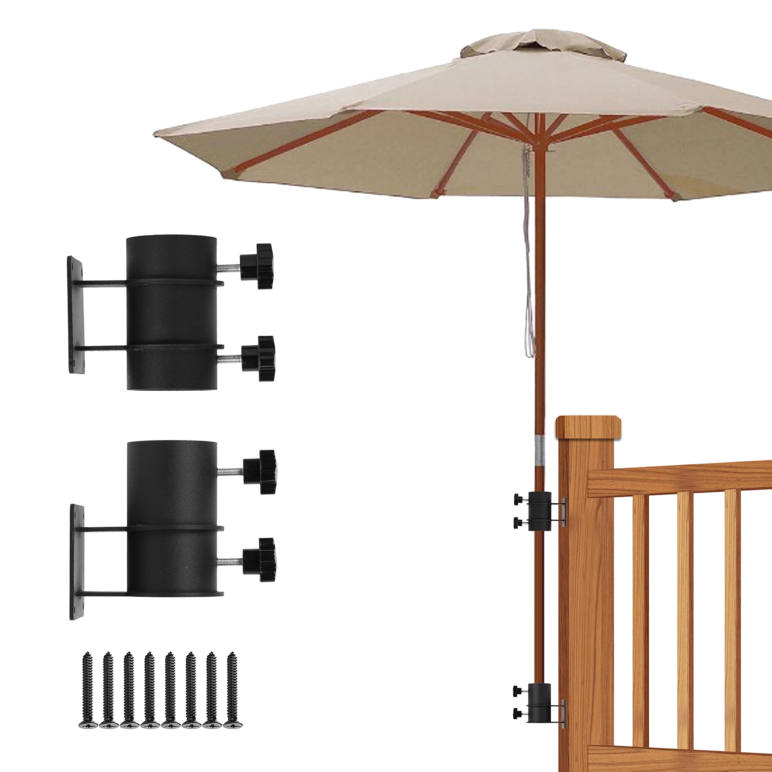 Meruzy Patio Umbrella Holder Mount, Stainless Steel Outdoor Umbrella Base Umbrella Clamp Bracket for Deck Railing, Mount to Deck, Balcony or Courtyard (Fit Max OD 2 inch)