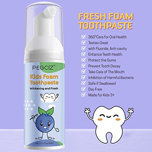 Foam Toothpaste Kids, Children Whitening Toothpaste with Low Fluoride & Natural Formula to Reduce Plaque, Toddler Foaming Toothpaste for U Shaped Toothbrush for Kids Ages 3 and Up (Blueberry)