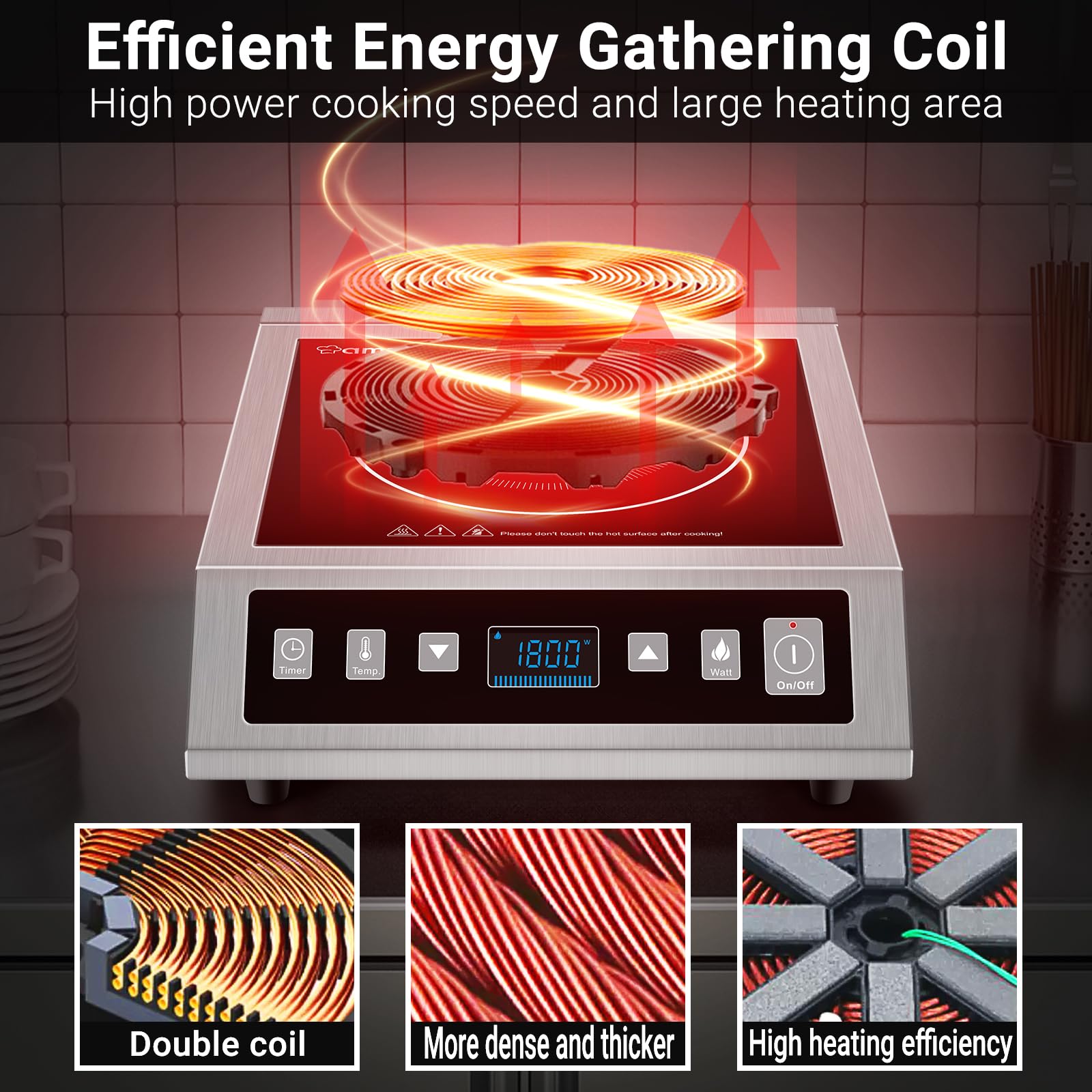 AMZCHEF Induction Cooktop Commercial, Professional Portable Induction Burner, 1800W Countertop Stove Burner with ETL-Certified Induction Hot Plate 3 Hours Timer,8 Temperature & Power Levels,LCD Screen