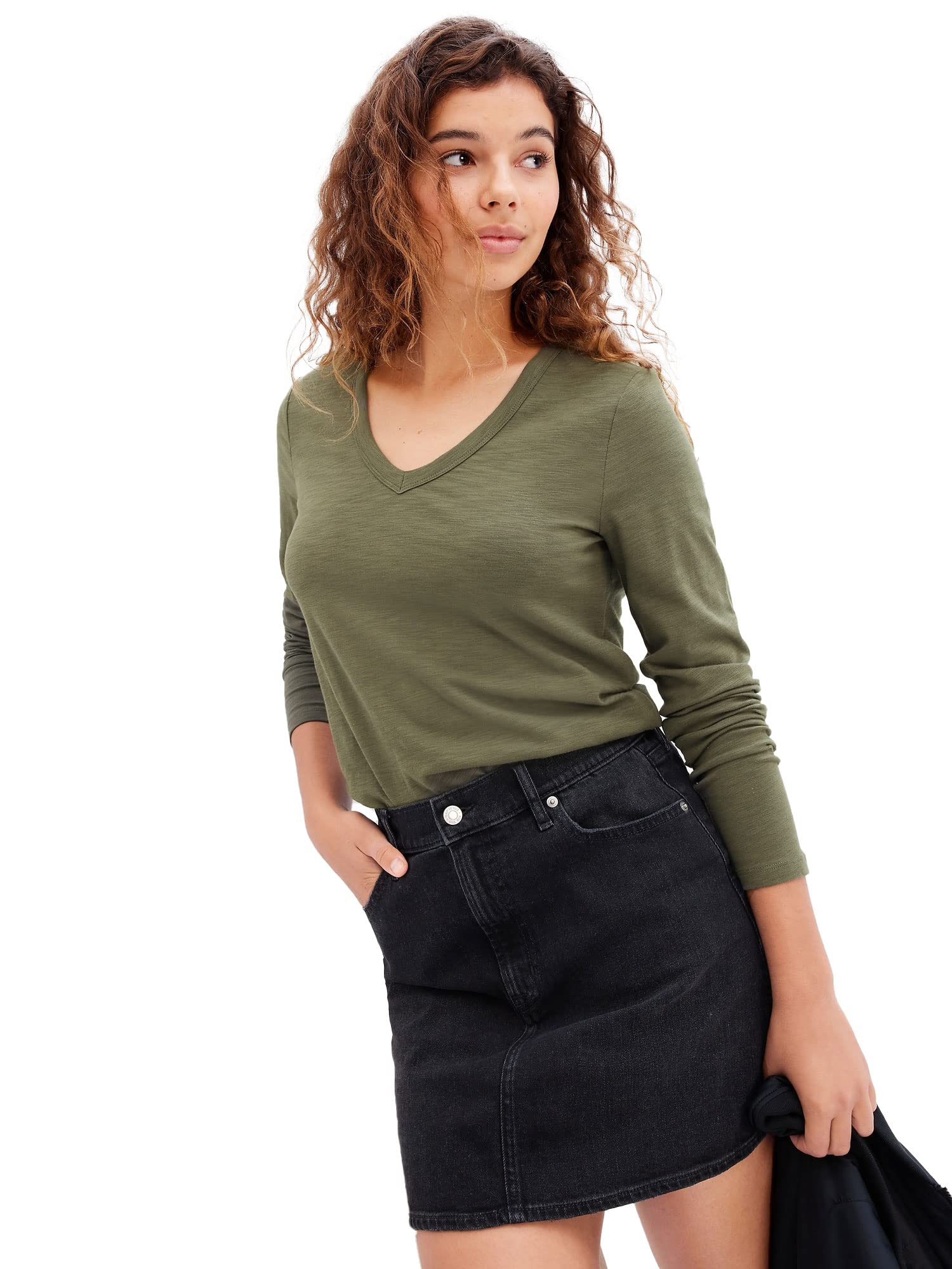 GAP Womens Foreversoft Long Sleeve V-Neck T-Shirt T Shirt, Army Jacket Green, Medium US