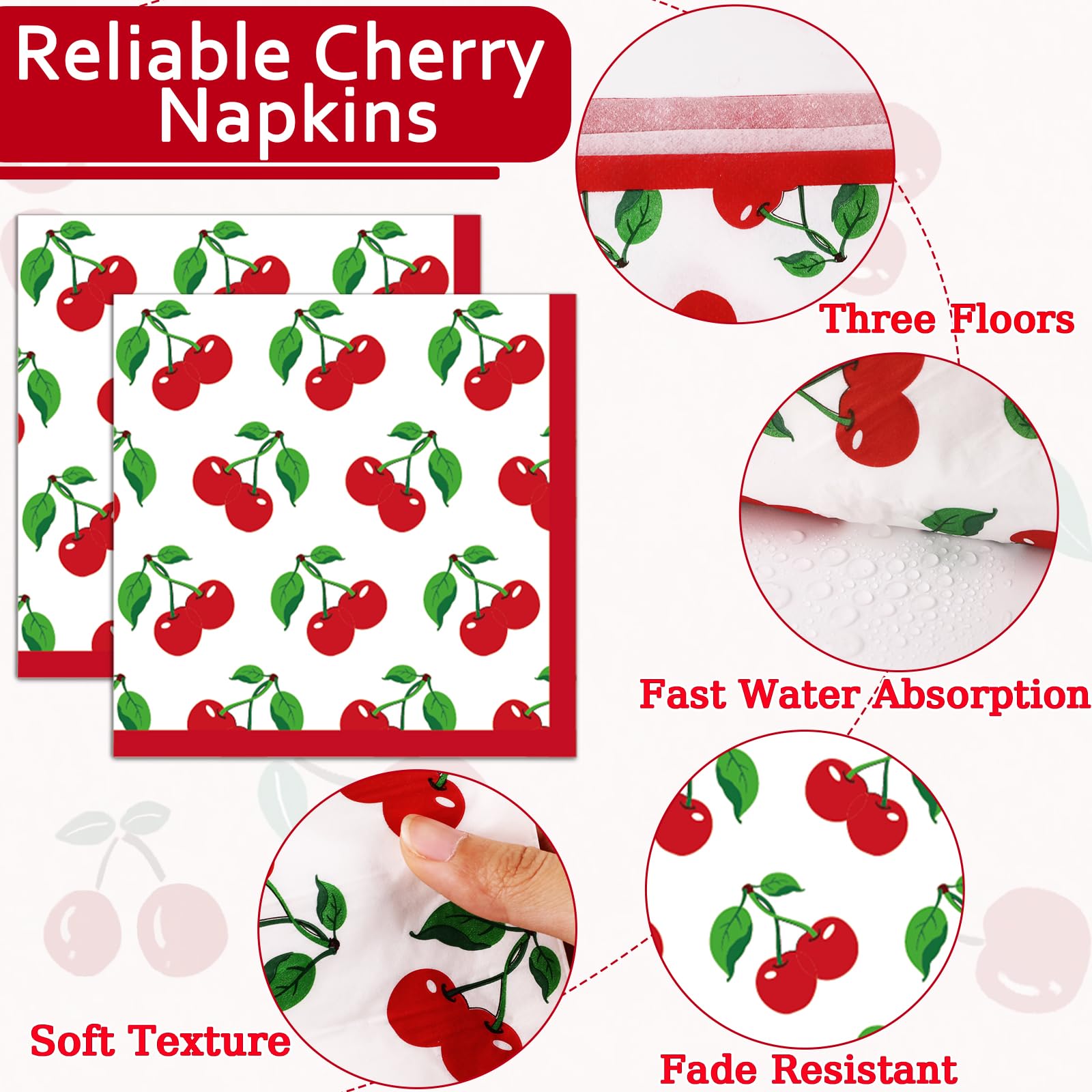 OBUSATT 100 Pcs Cherry Fruit Party Supplies Tableware Set Summer Tropical Picnics Dinnerware Set Disposable Paper Plates Napkins for Baby Shower Birthday Party Decoration for 25 Guests