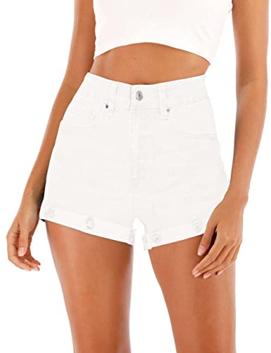 Cuihur Women's Casual High Waisted Stretchy Denim Shorts Ripped Folded Hem Jeans Shorts White 16