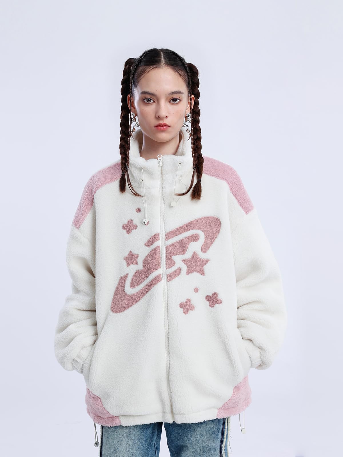 Aelfric Eden Womens Fleece Sherpa Jacket Zip Up Winter Jackets Star Sky Patchwork Oversized Unisex Casual Warm Fuzzy Coat