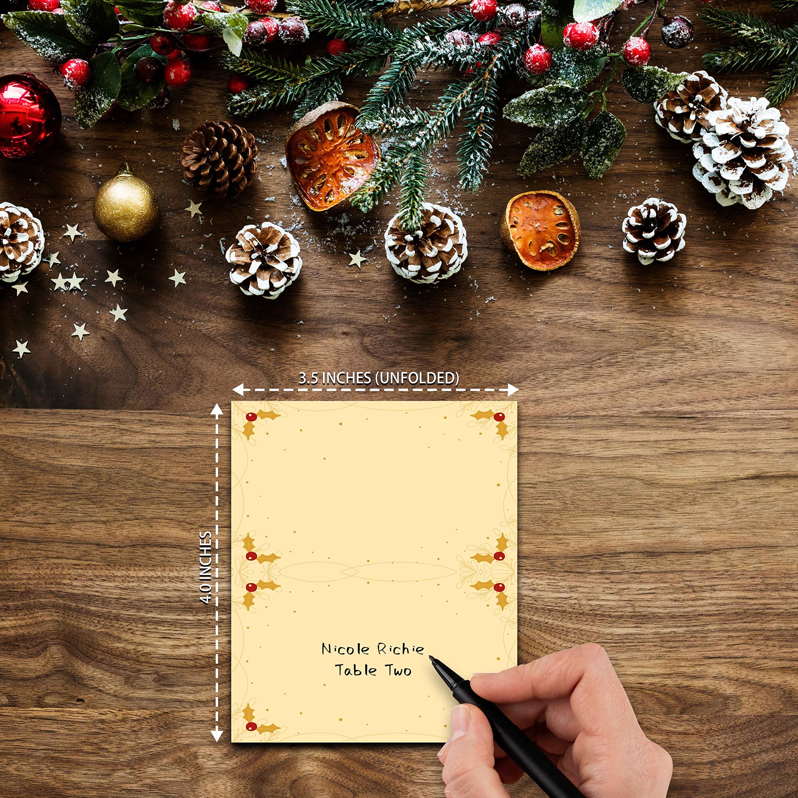 Christmas Table Place Cards, Xmas Blank Seating Place Card for Table, 25 Pack Buffet Food Tent Labels, Double Design Name Cards, Scored for Easy Folding, Christmas Party Decorations(01)