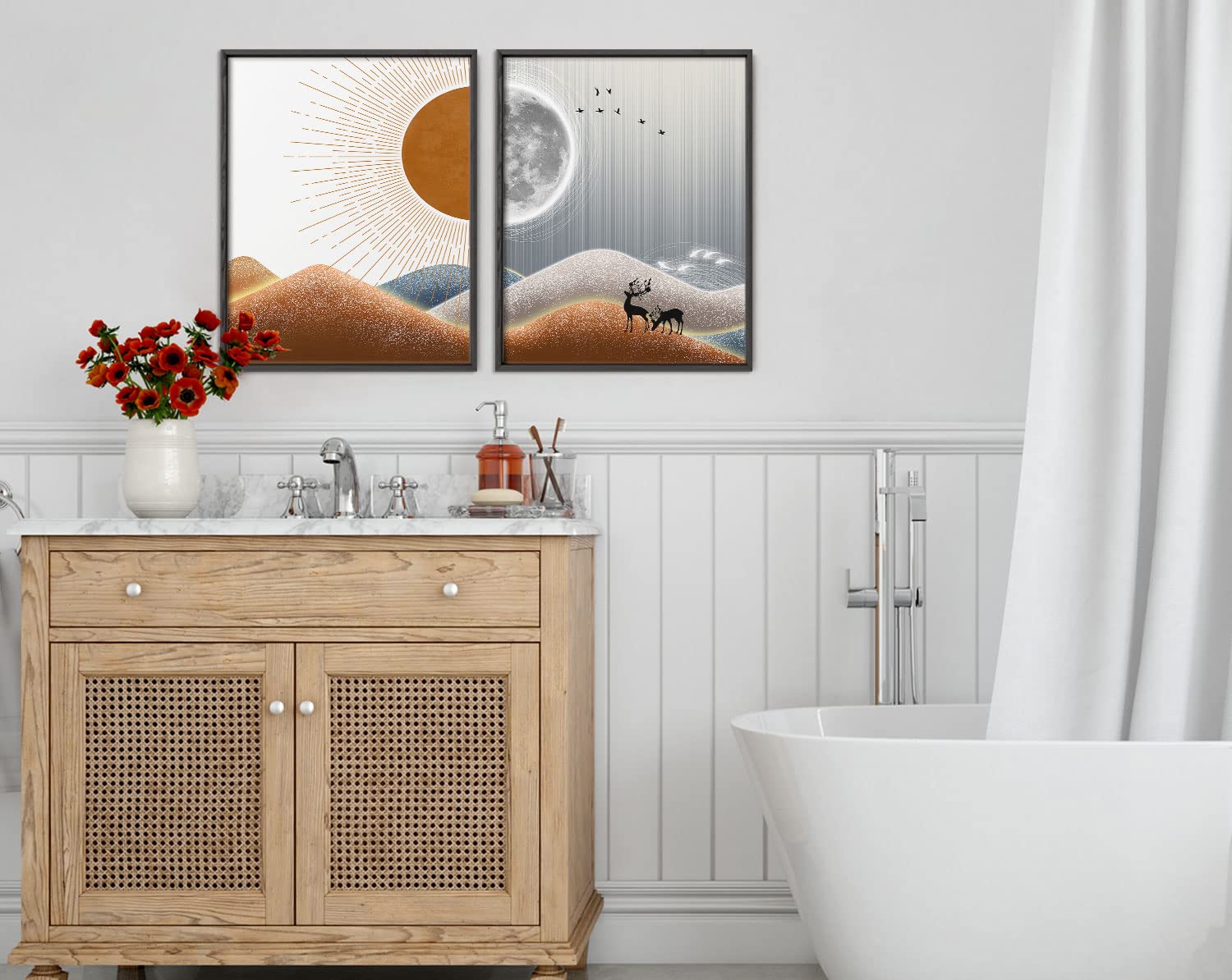 Boho Wall Art - Sun and Moon Art - Boho Bedroom Art - Sunshine Decor - Mid Century Modern Wall Decor - Bathroom, Living Room, Office, Classrooms, Home Wall Decor, Set of 2 Prints, 11x14" Unframed