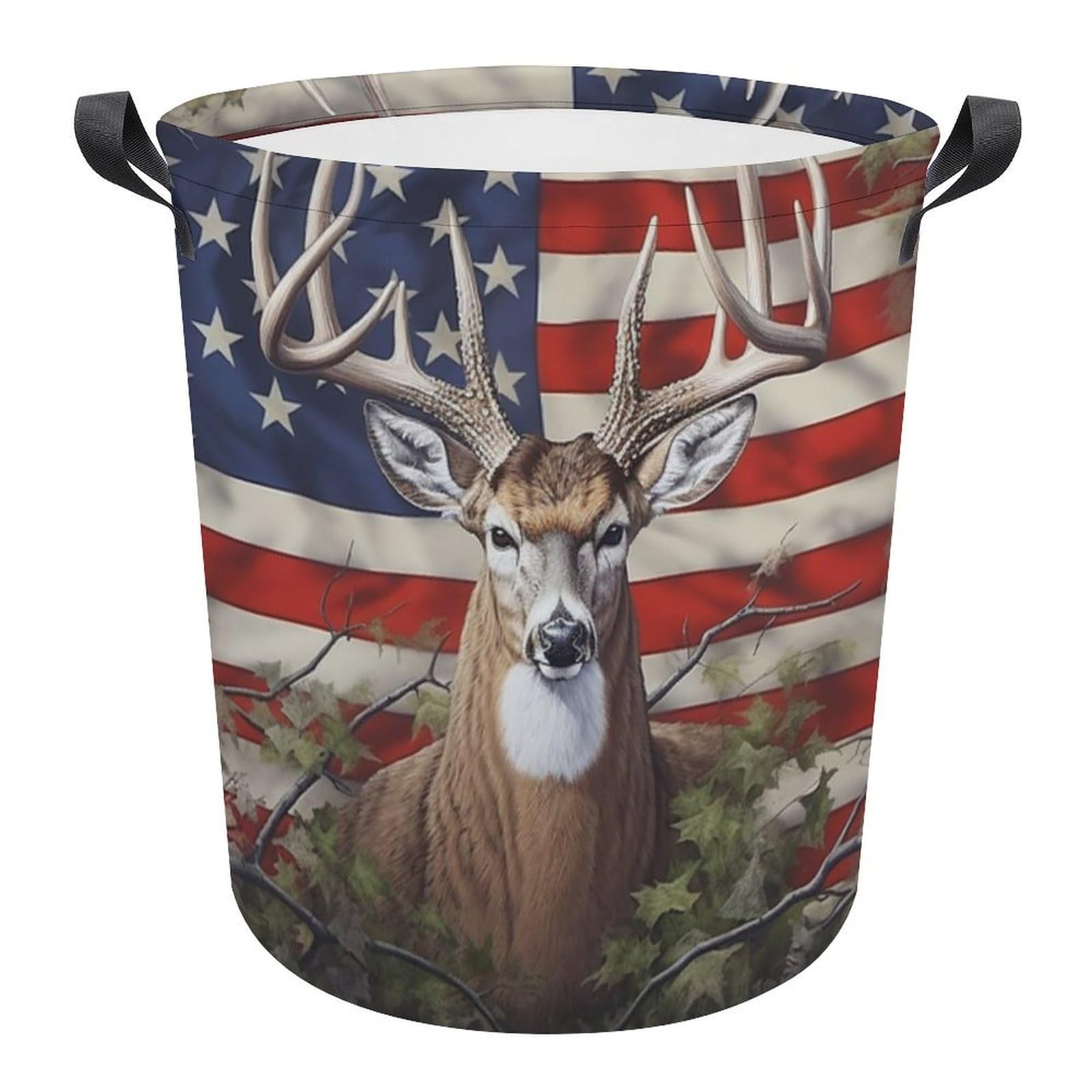 American Deer Flag Laundry Basket Hamper Bag Dirty Clothes Storage Bin Waterproof Foldable Toy Organizer for Bedroom Clothes Toys Basket