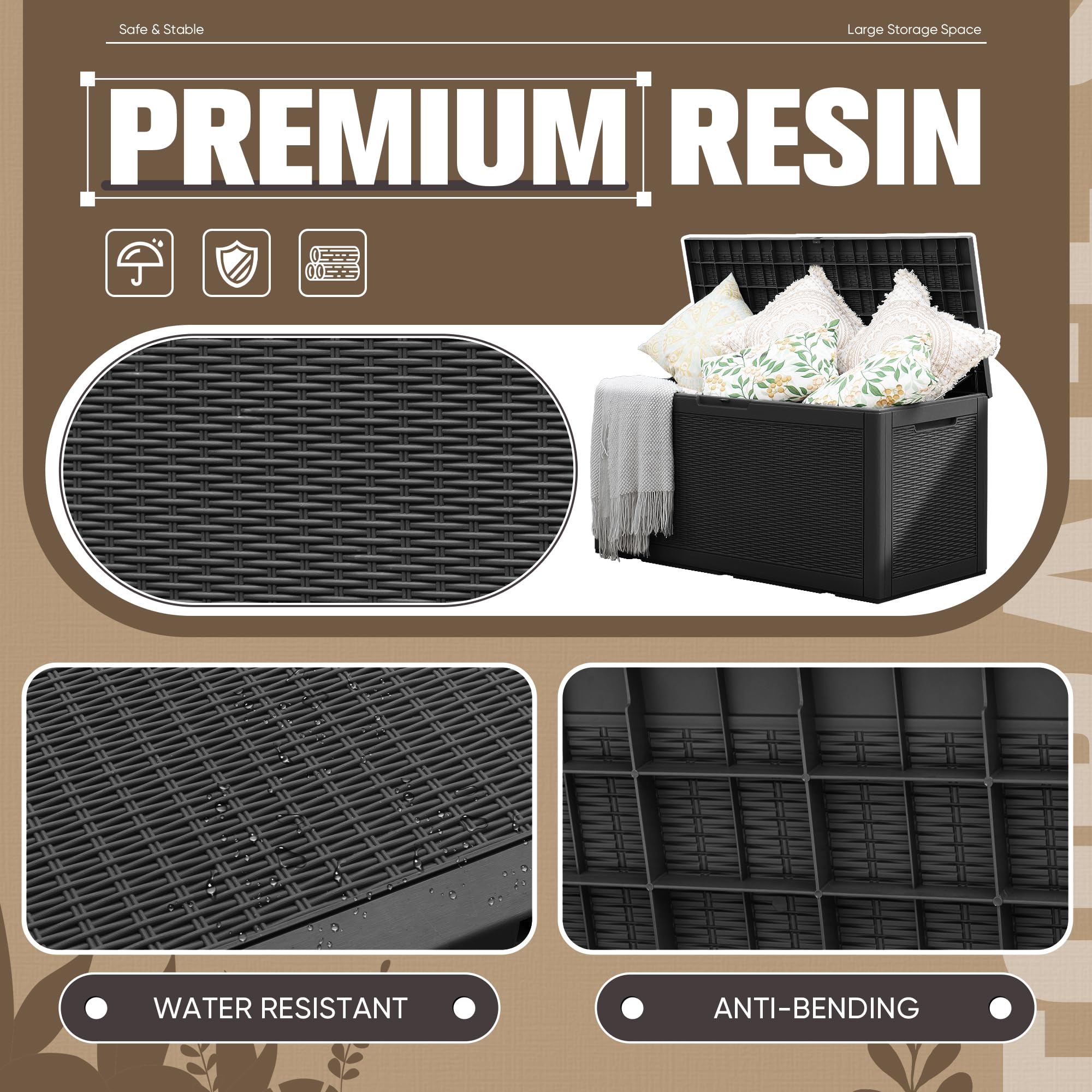 Flamaker 100 Gallon Large Deck Box Waterproof Resin Outdoor Storage for Patio Furniture, Garden Tools, Pool Accessories and Toys (Black)